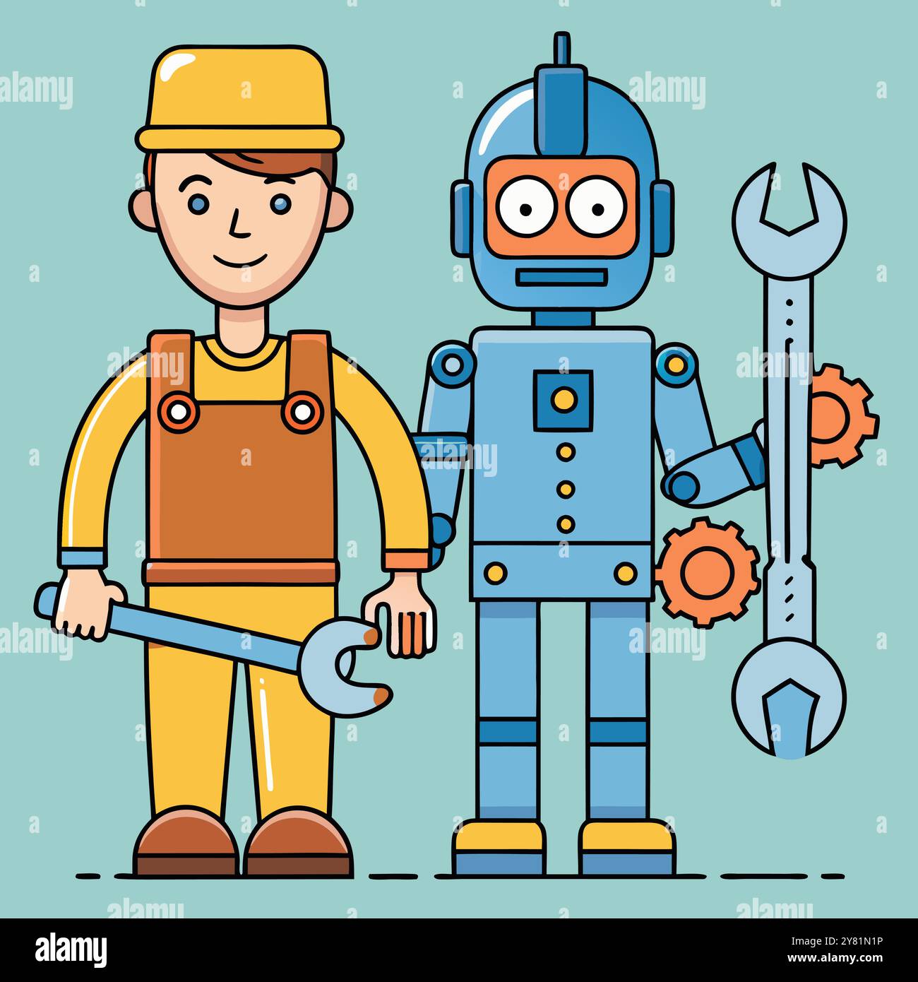 A friendly cartoon robot and human worker hold wrenches. symbolizing ...