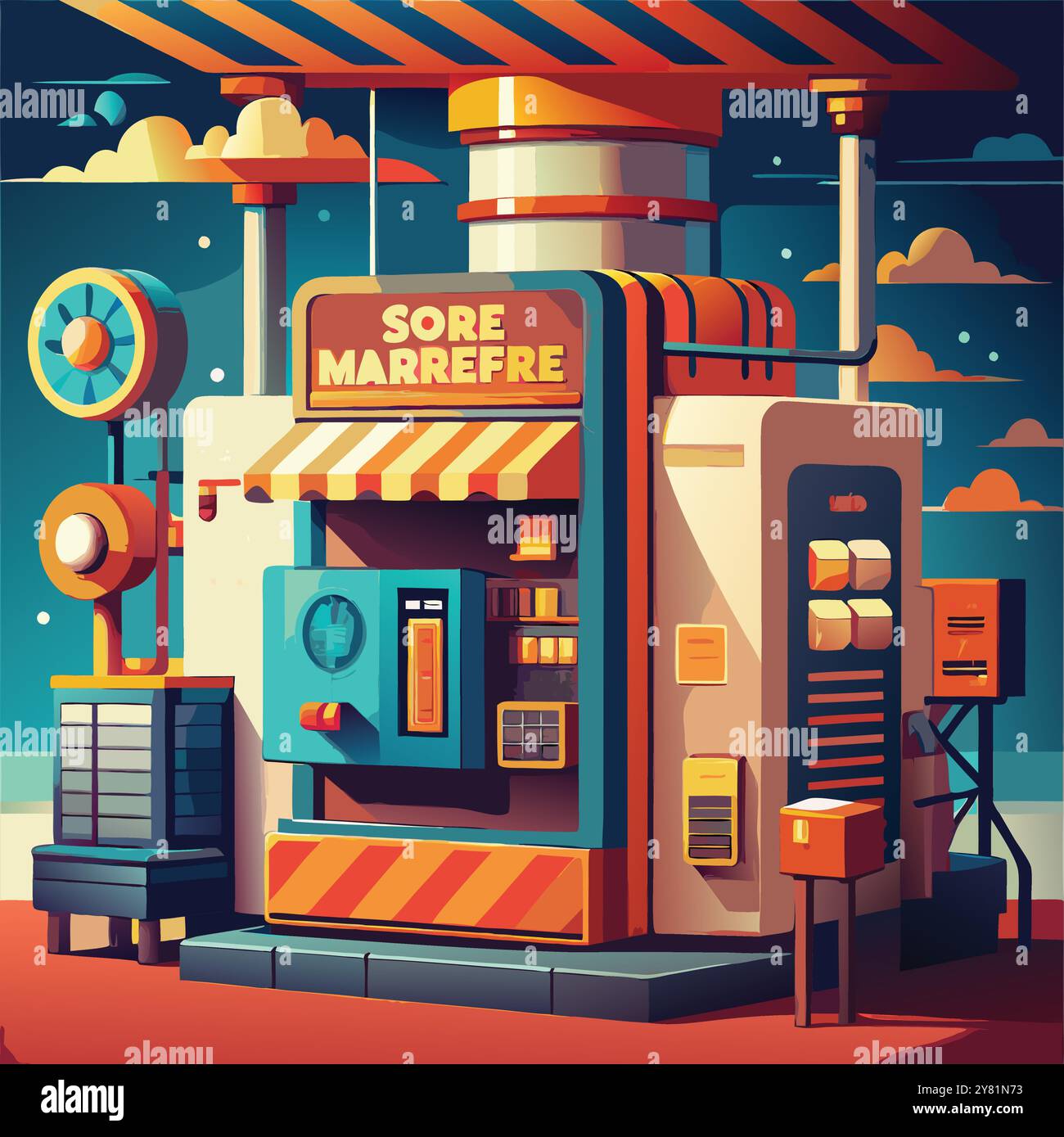 A vibrant illustration of a futuristic shop with a retro feel. The ...