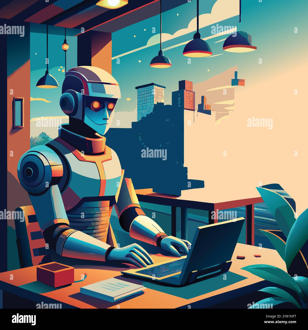 A futuristic robot sits at a desk. working on a laptop in a modern ...