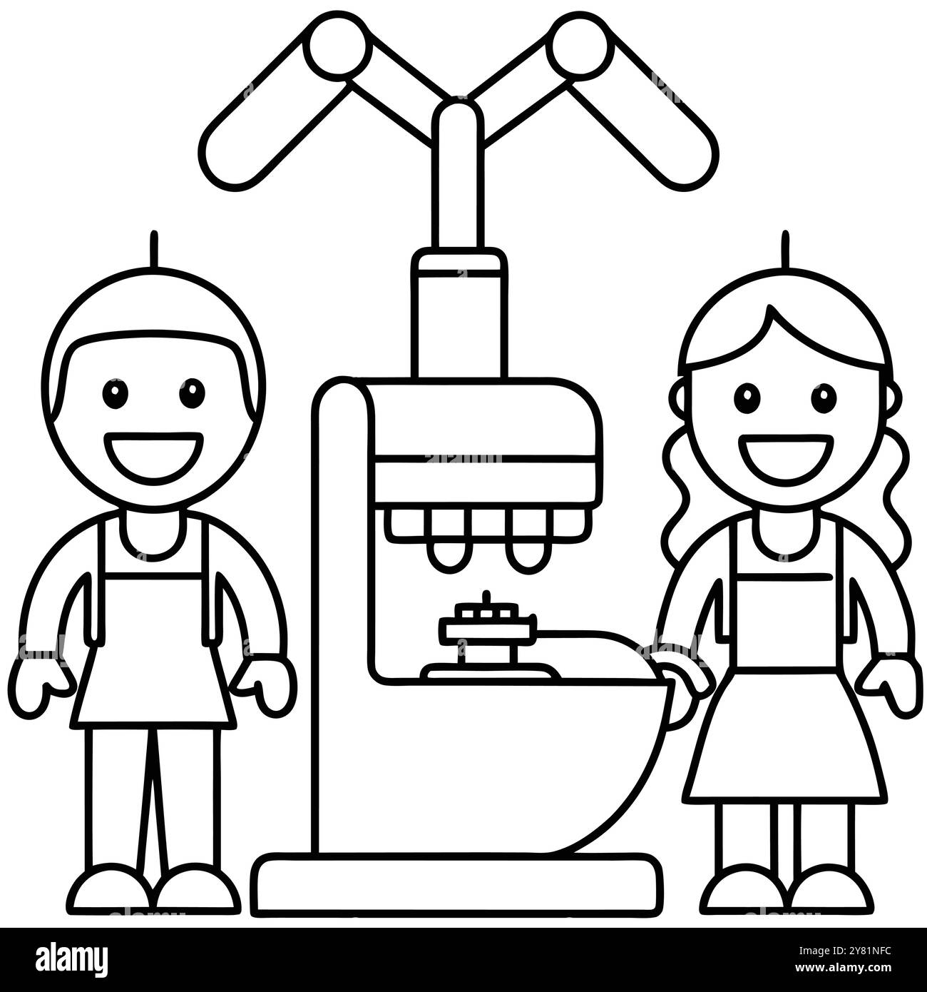 A simple line drawing of a happy boy and girl standing beside an ...