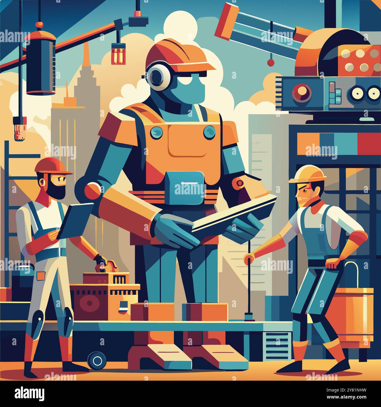 A large. futuristic robot stands in a construction zone. overseeing two ...