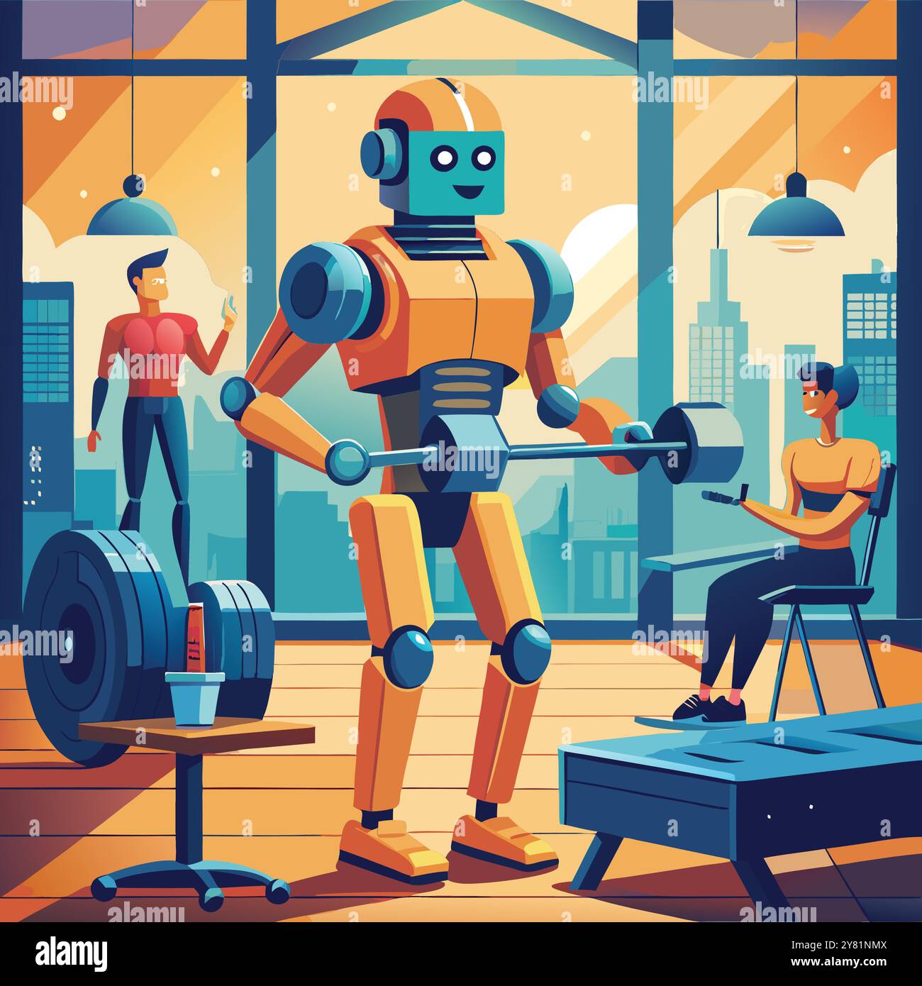 A friendly robot works out in a gym with two humans. The robot lifts ...