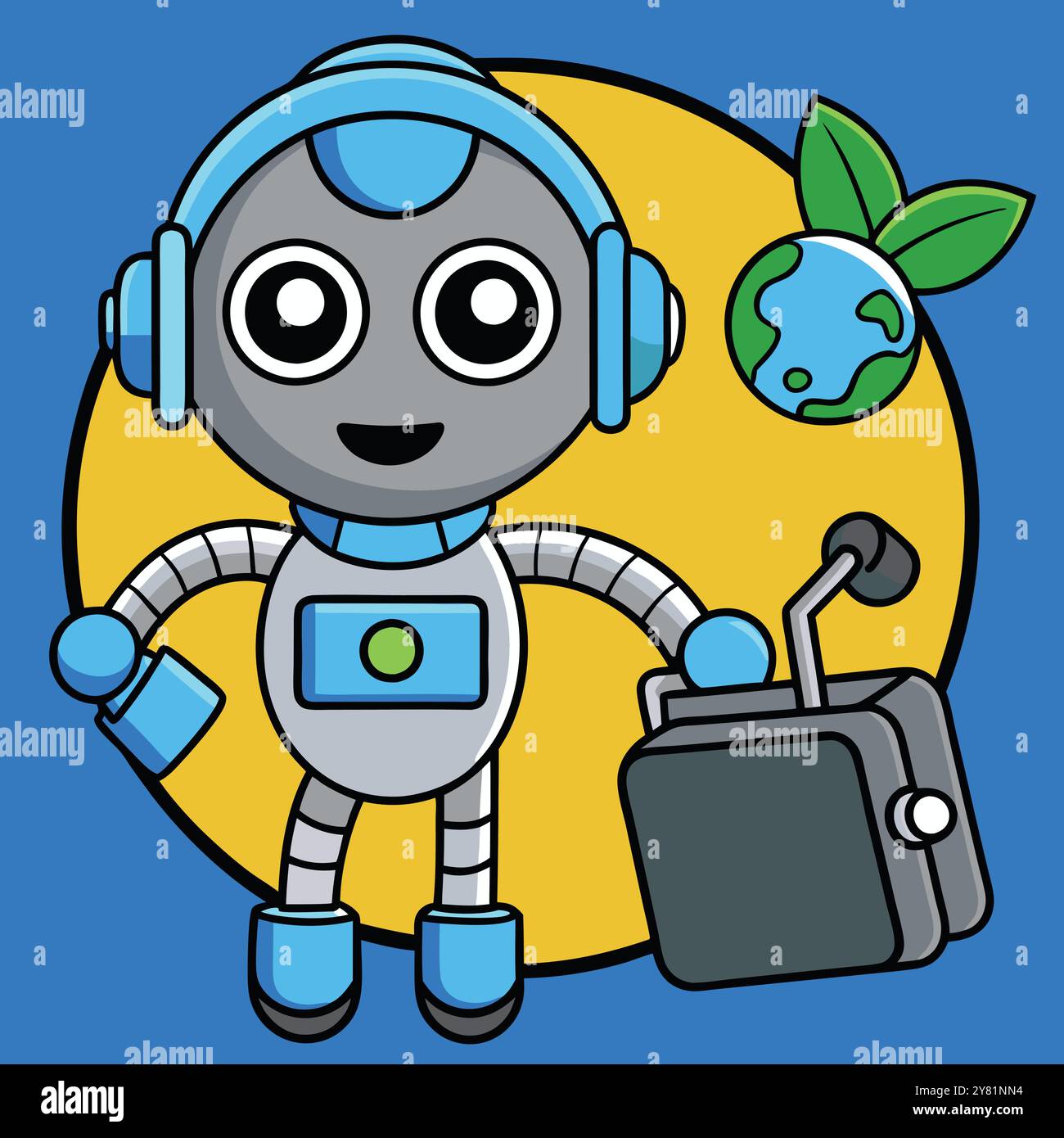 Friendly robot with headphones holding a briefcase. standing on a ...