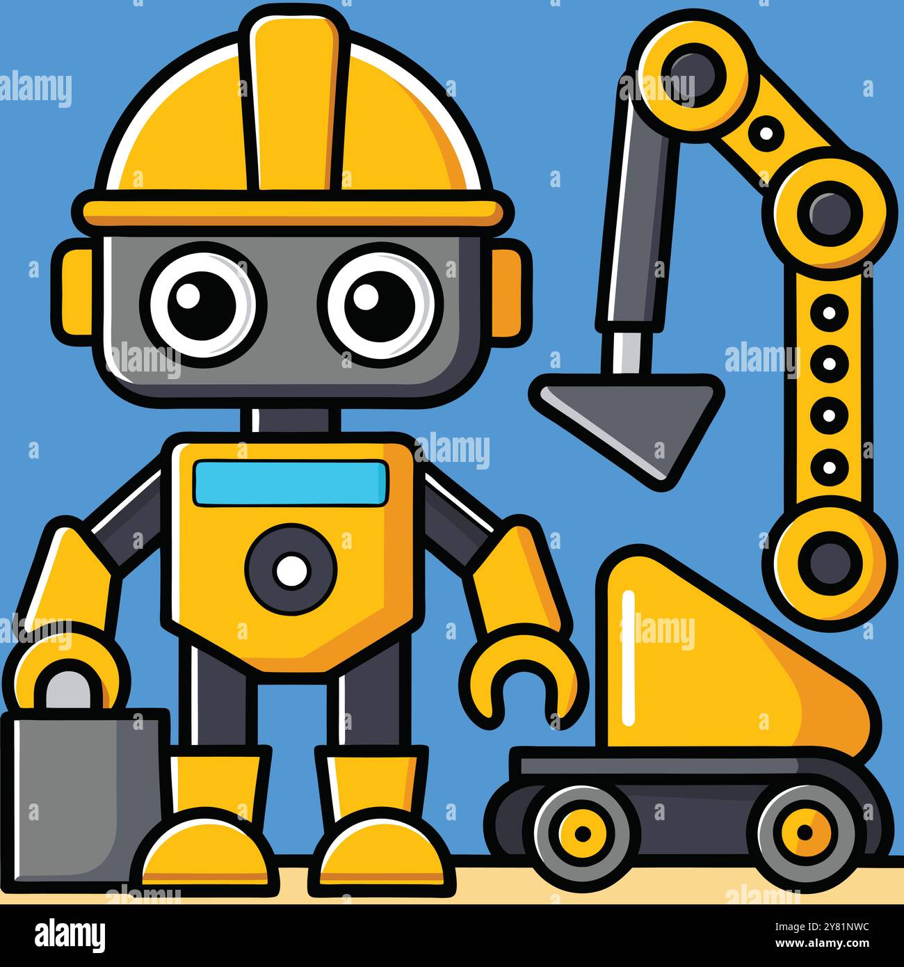 Cute. cartoon robot worker with a construction hat and a robotic arm ...