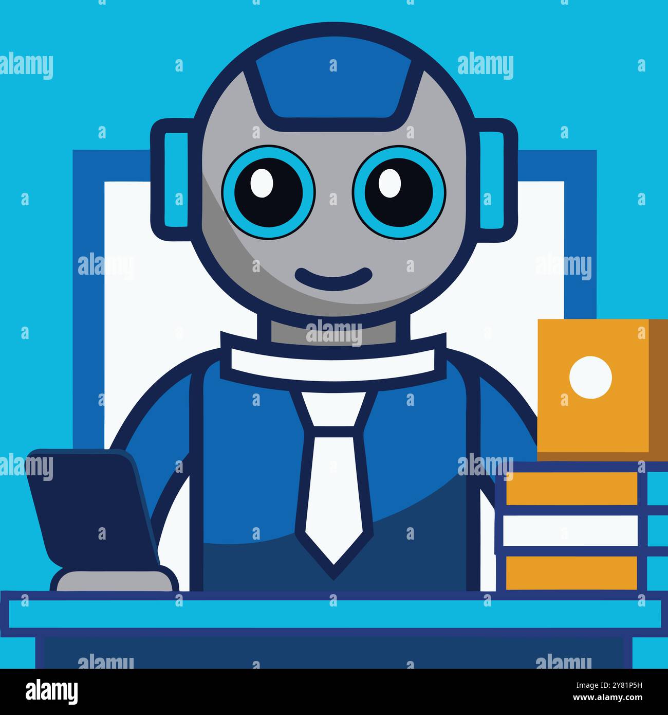 A friendly AI robot in a blue suit and tie sits at a desk. ready to ...