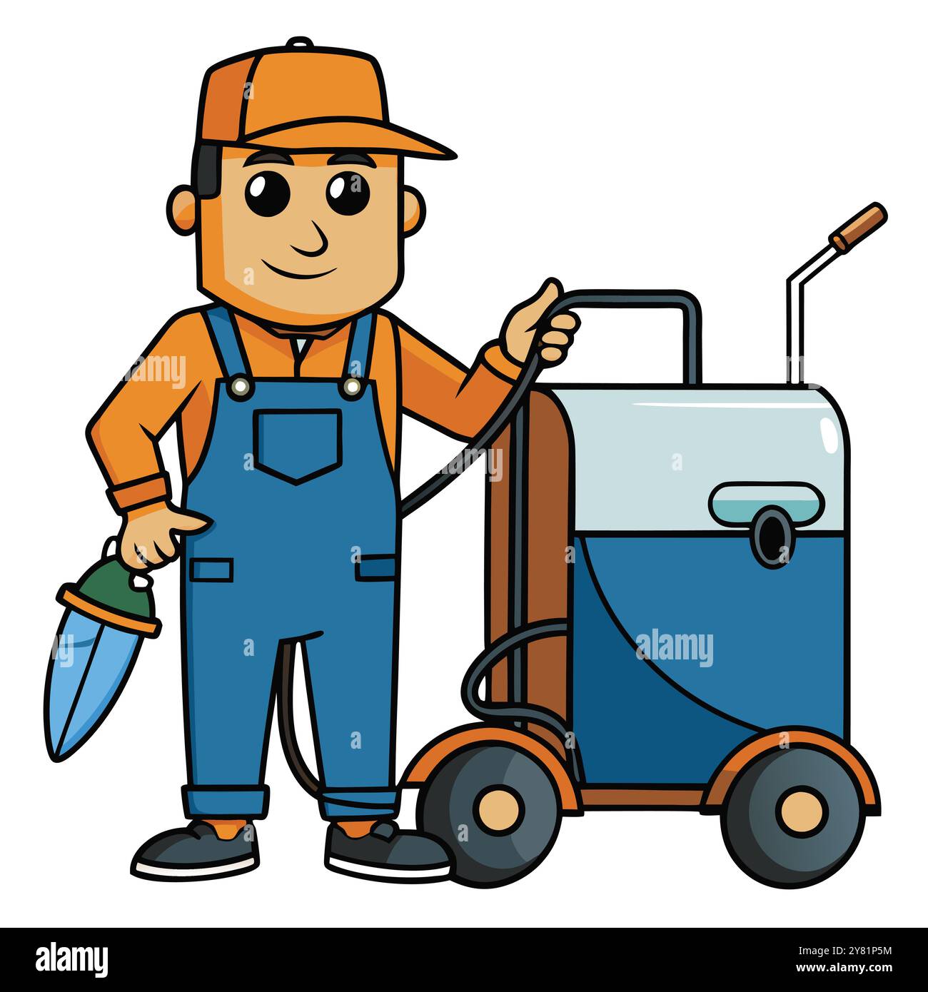 A friendly cartoon character. a worker wearing overalls. proudly ...
