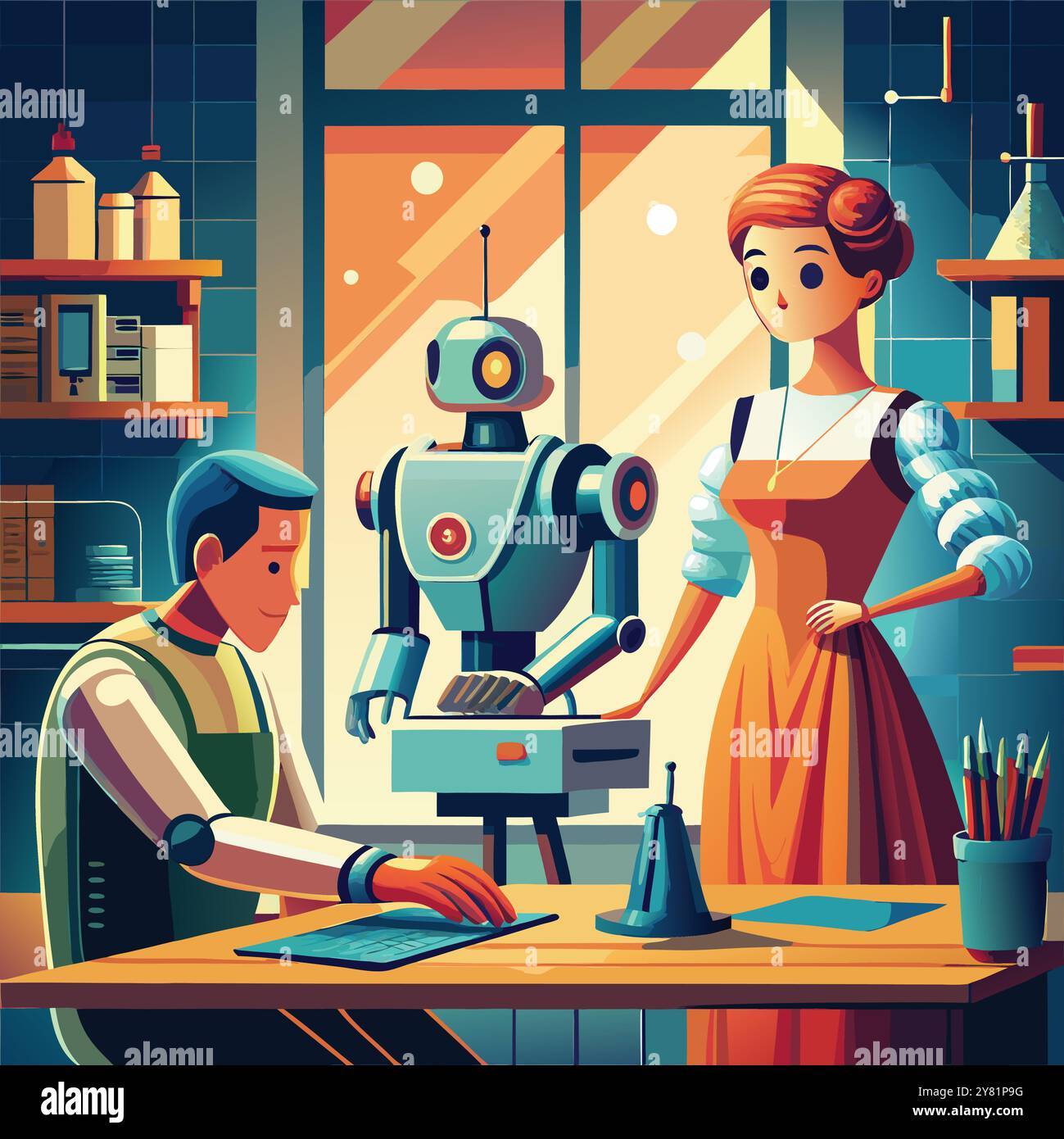 A colorful illustration depicting a robot working alongside humans in ...