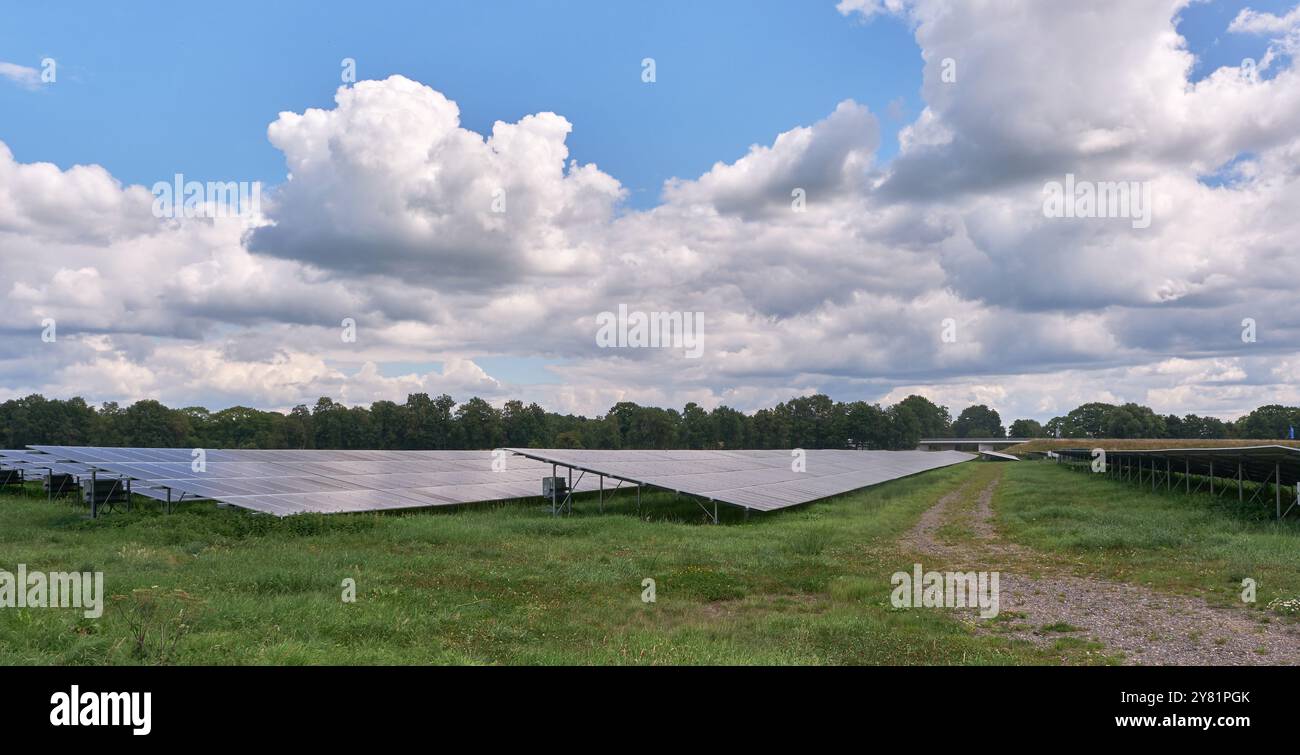a large solar energy farm featuring rows of photovoltaic panels, next a ...