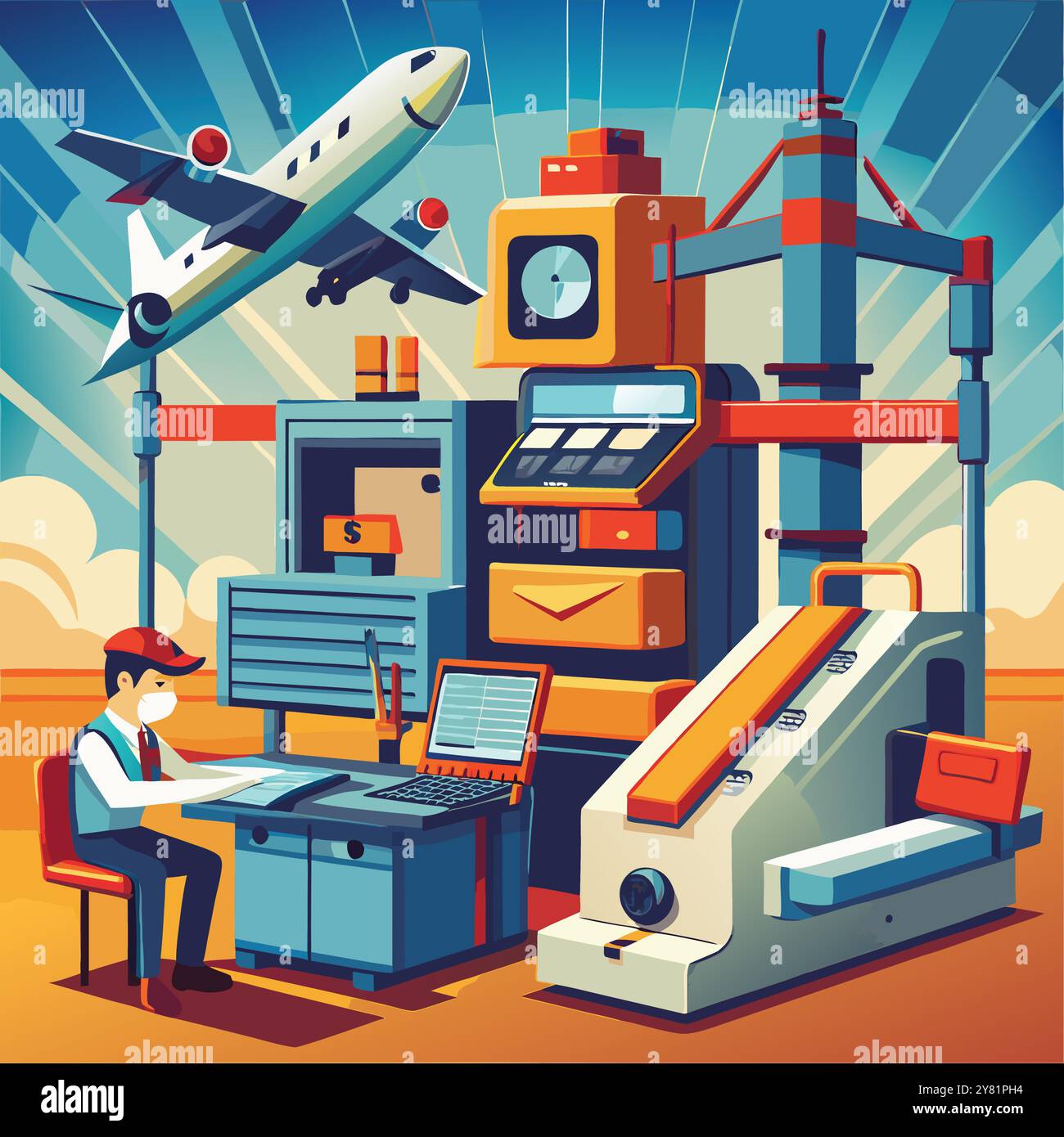 A cartoon illustration depicting a modern airport baggage handling ...