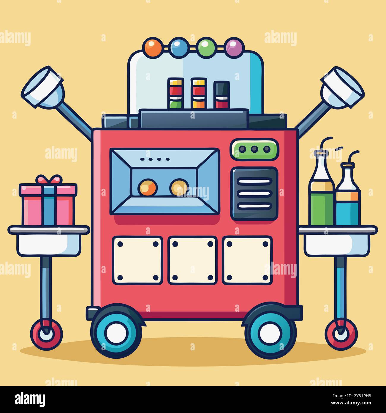 A charming cartoon illustration of a red vending machine on wheels ...