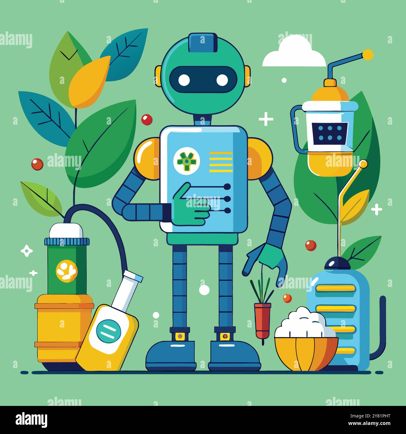 Cute robot tending to a plant in a futuristic garden. Perfect for ...