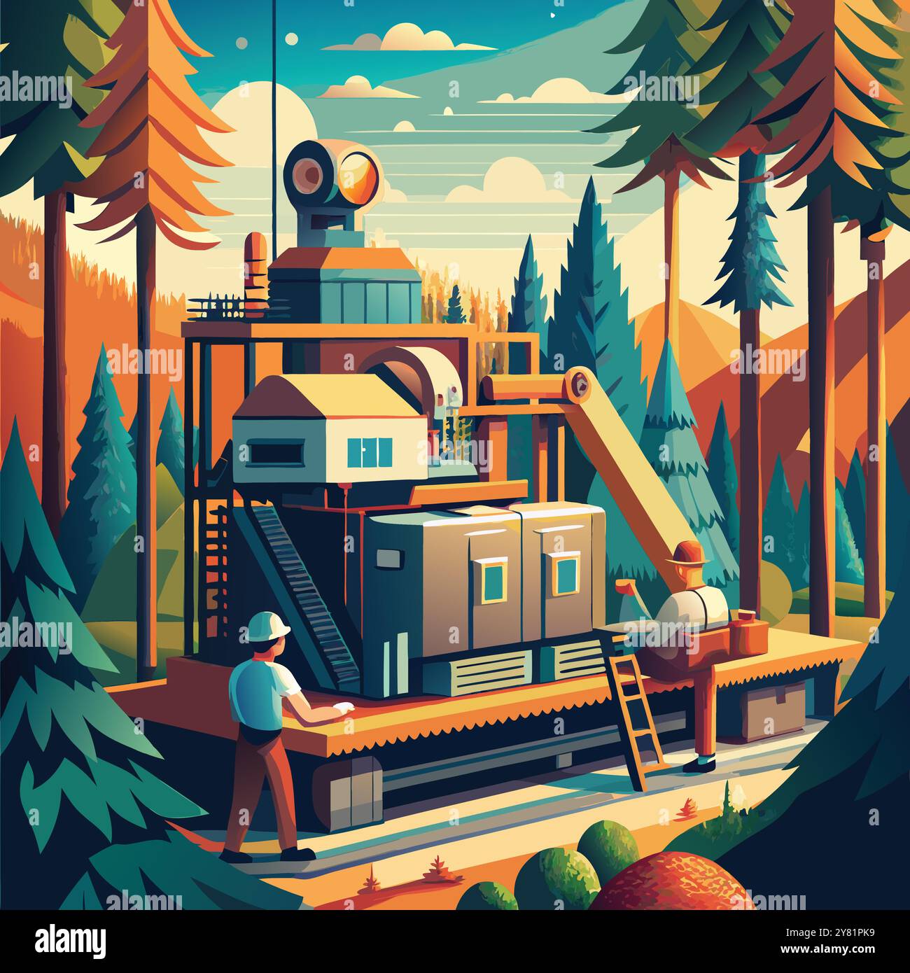 A stylized illustration of a factory in the forest. featuring two ...