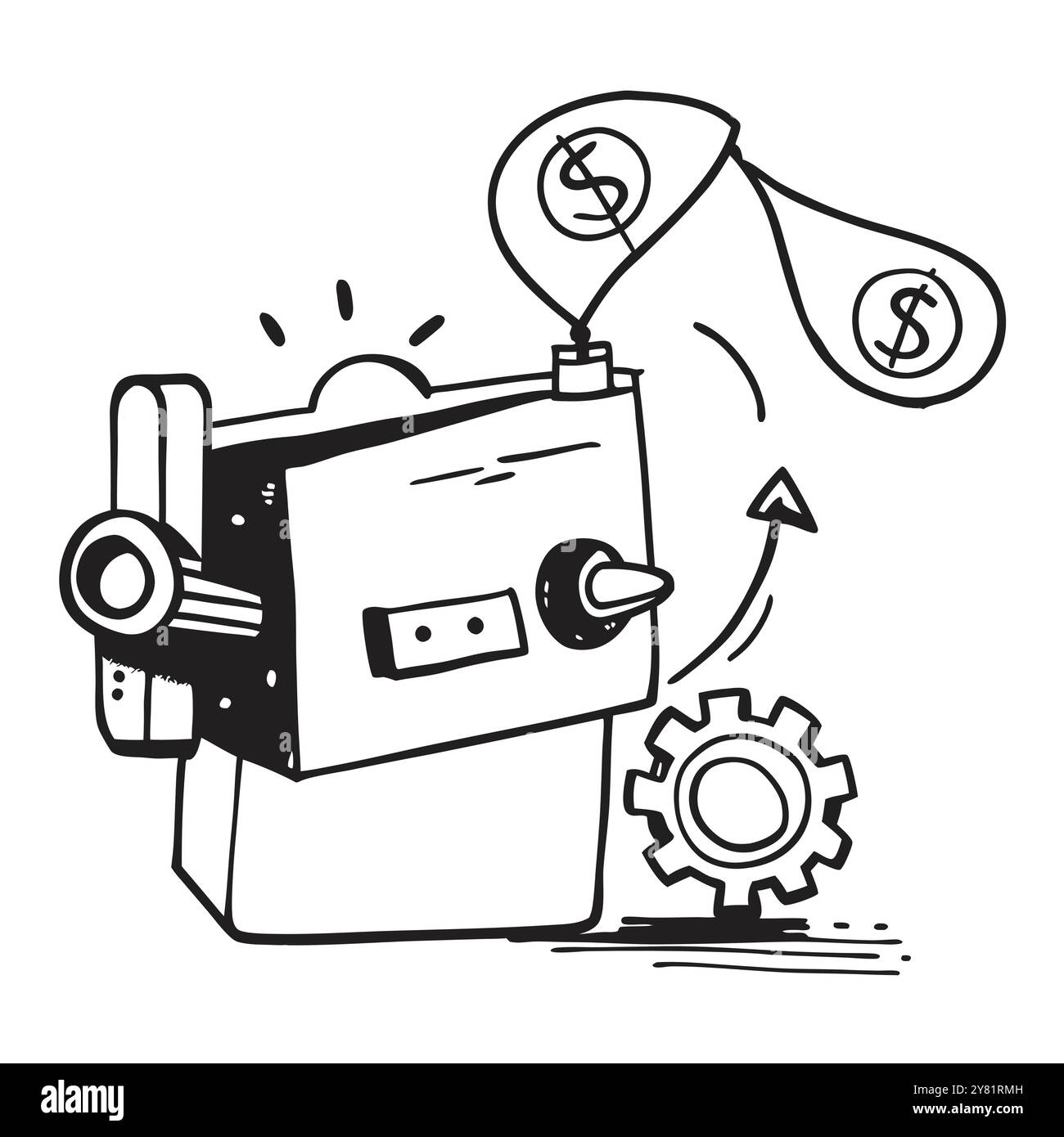 A whimsical hand drawn illustration of a machine producing money ...