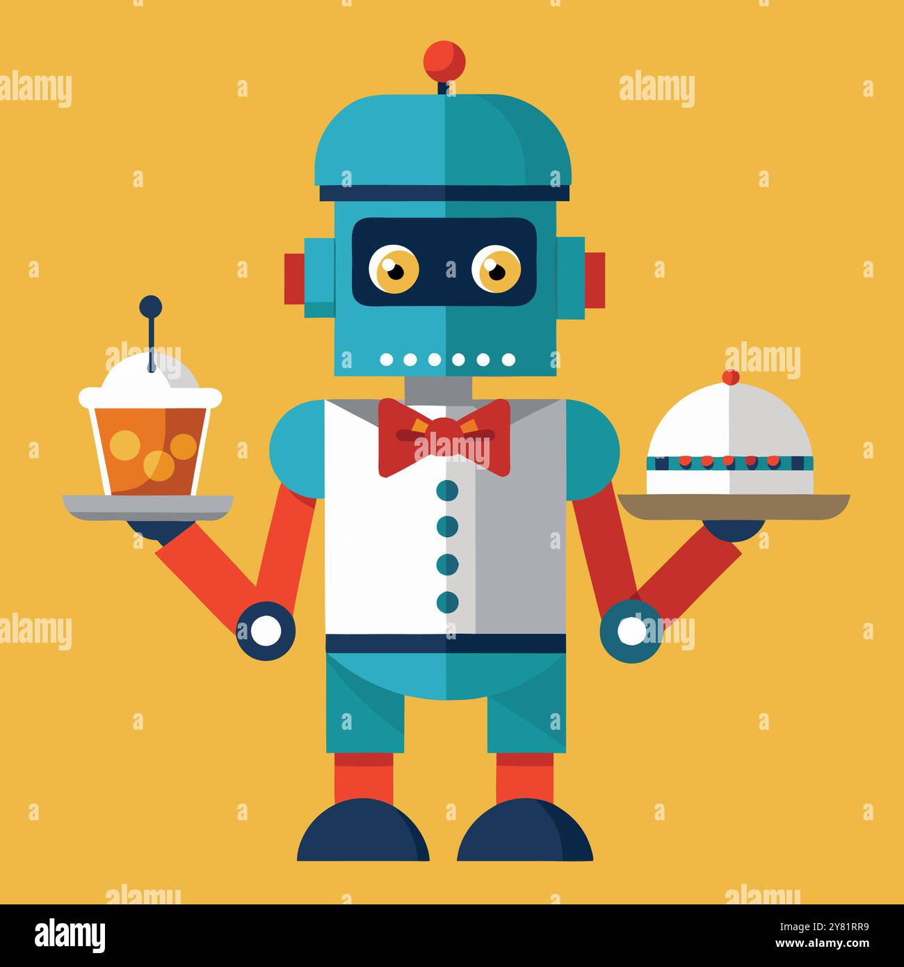 A friendly robot waiter holding a tray with a drink and a plate of food ...