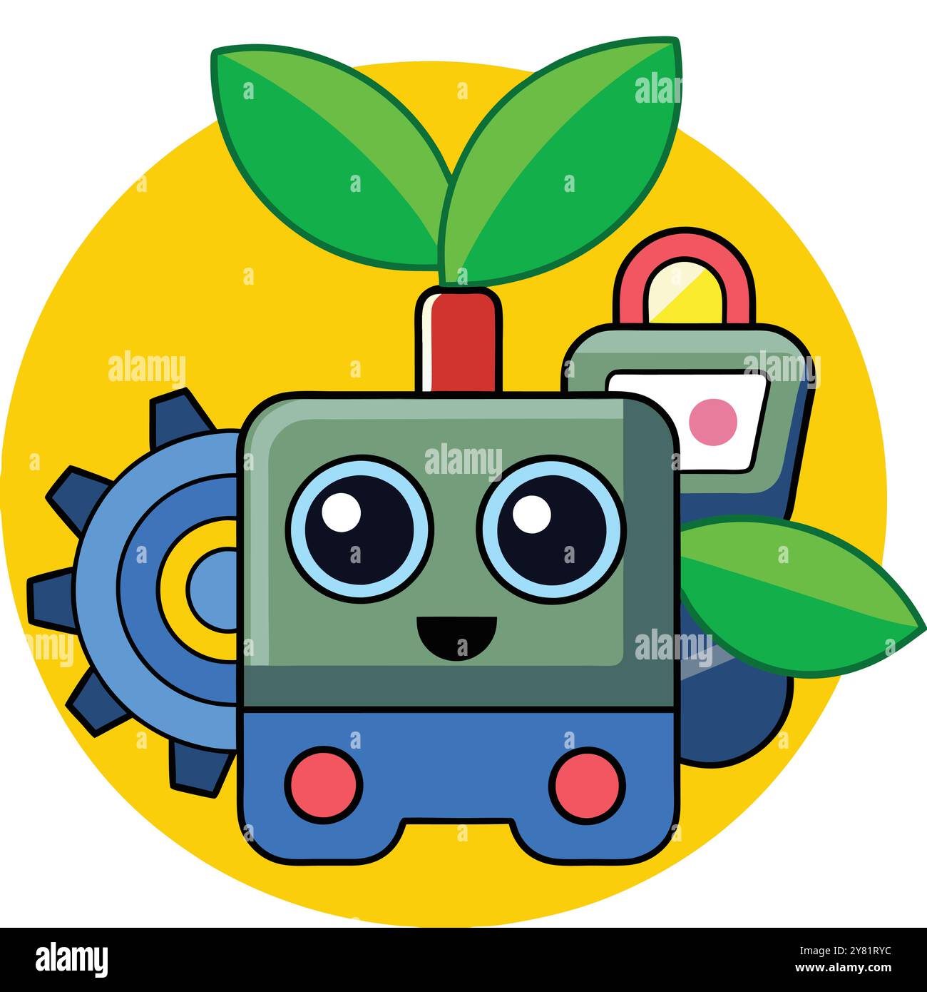 Cute robot with green leaves and gears. representing sustainability and ...