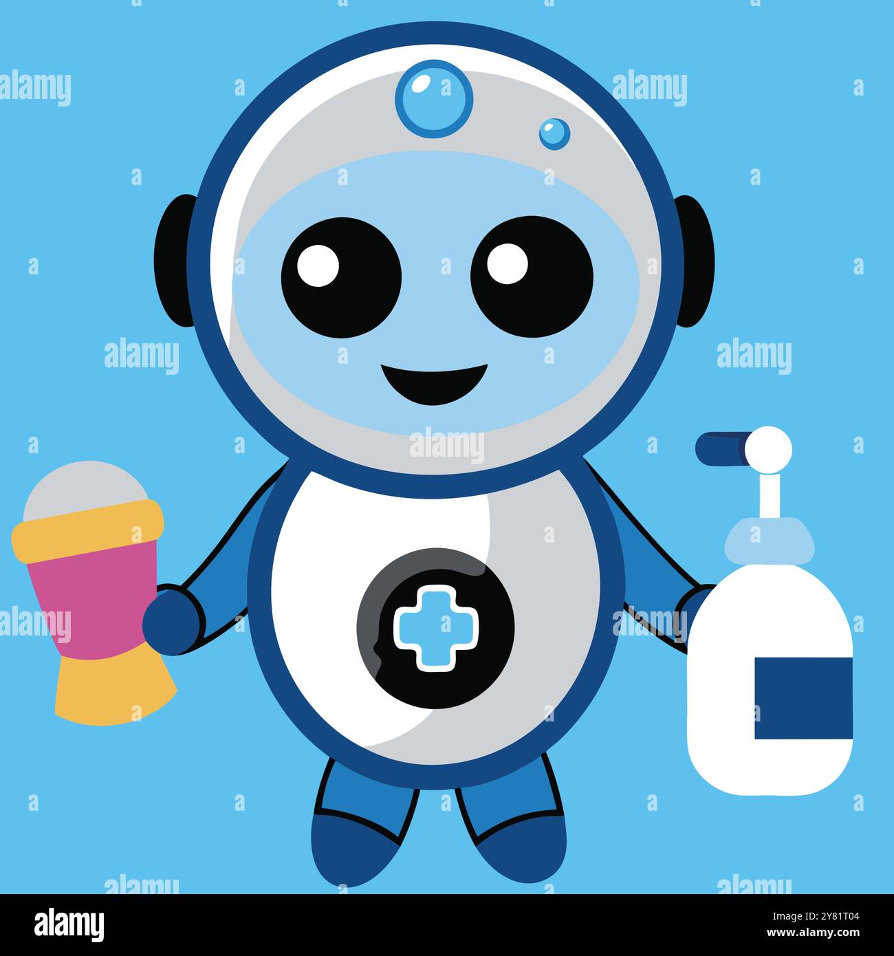 A friendly blue robot with a big smile. holding a pink hand sanitizer ...