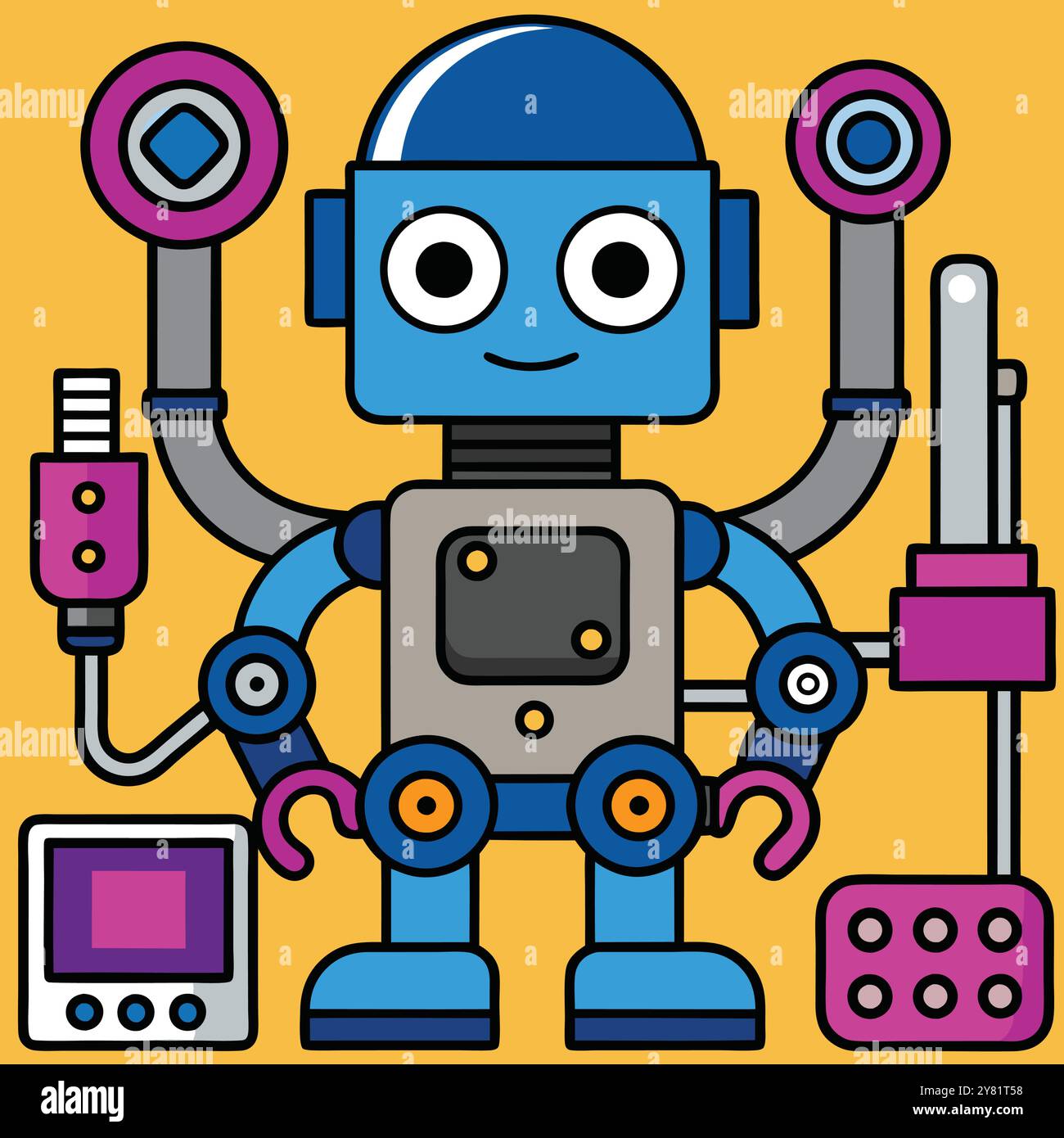 Cute cartoon robot with multiple arms and a friendly expression ...