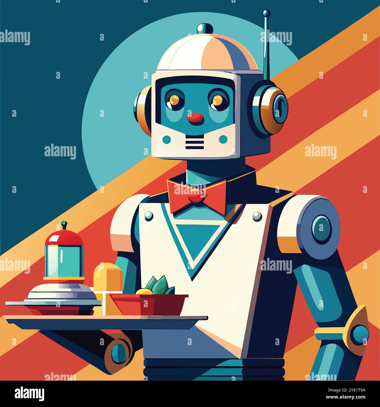 A friendly robot waiter with a tray full of food. against a retro ...