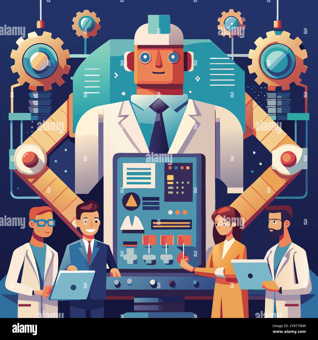 A team of professionals interacts with an AI robot. highlighting the ...