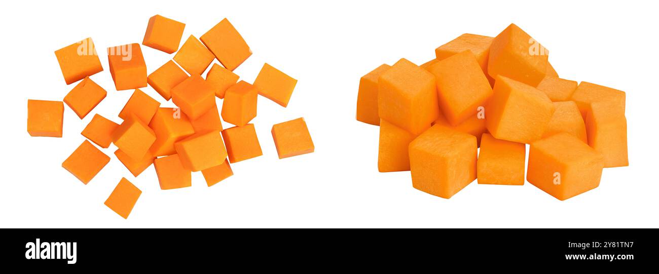 butternut squash diced isolated on white background with full depth of ...