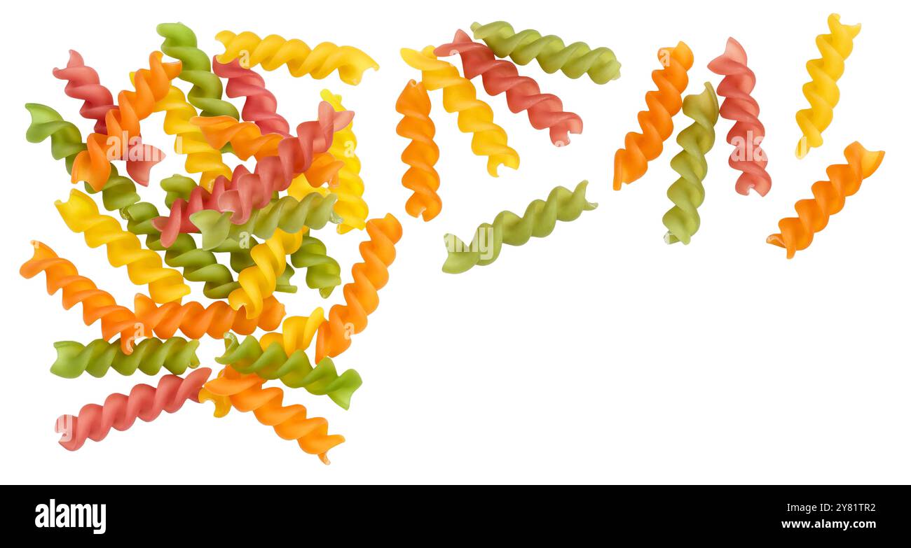 raw Fusilli colored pasta, isolated on white background with clipping ...