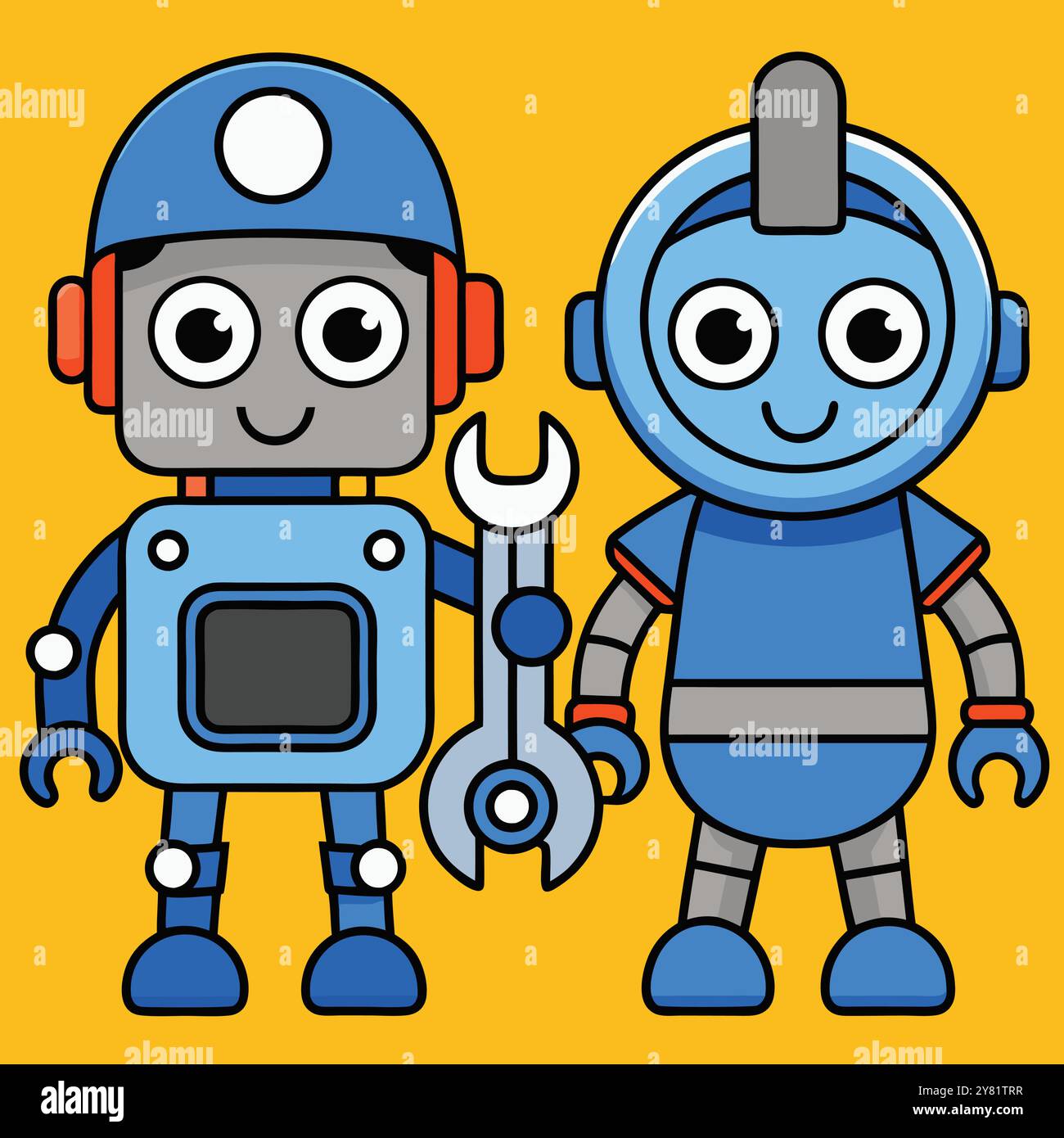 Cute cartoon robots with friendly faces. Perfect for childrens books ...