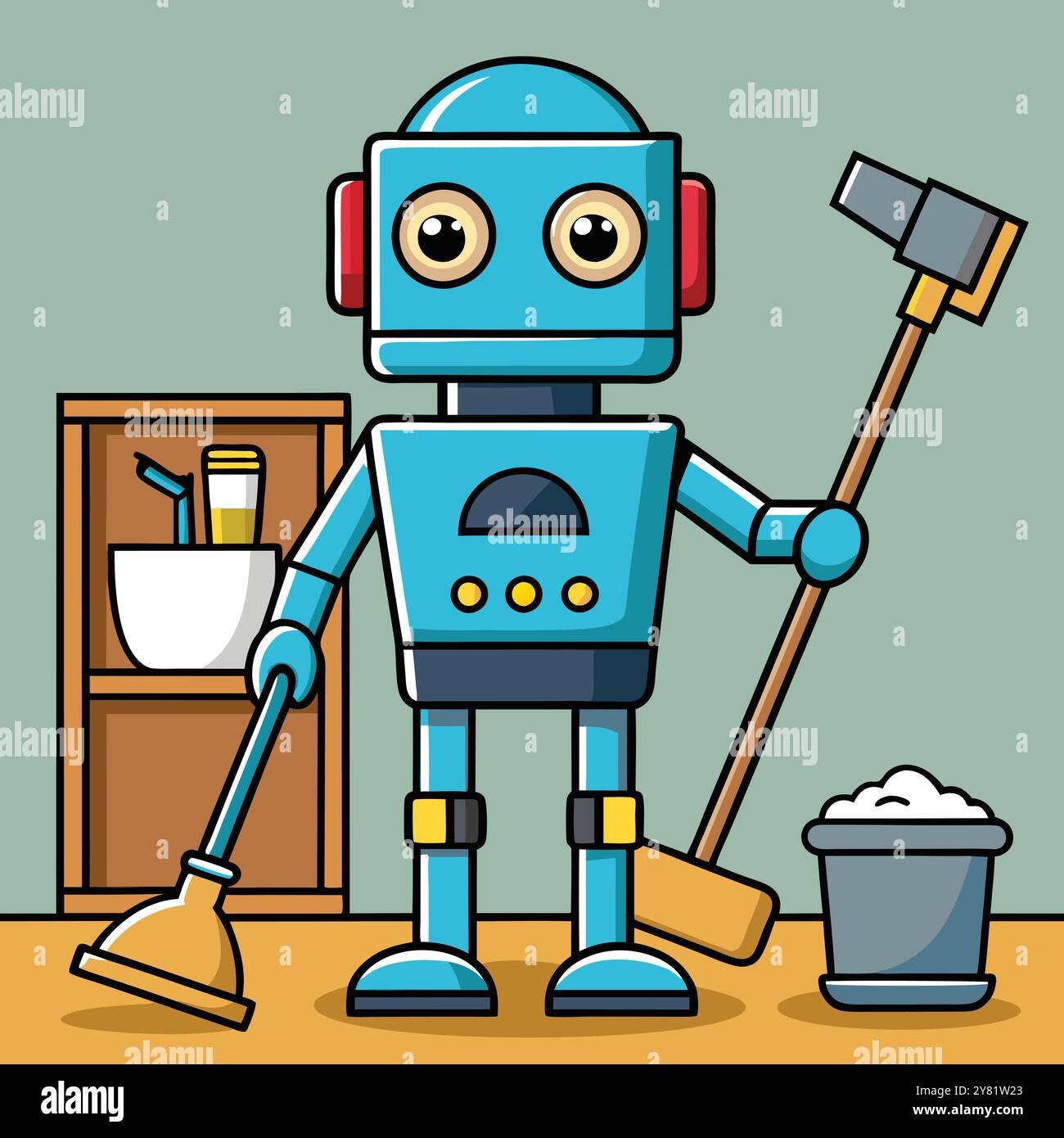 A friendly cartoon robot holding cleaning tools. ready to tackle any ...