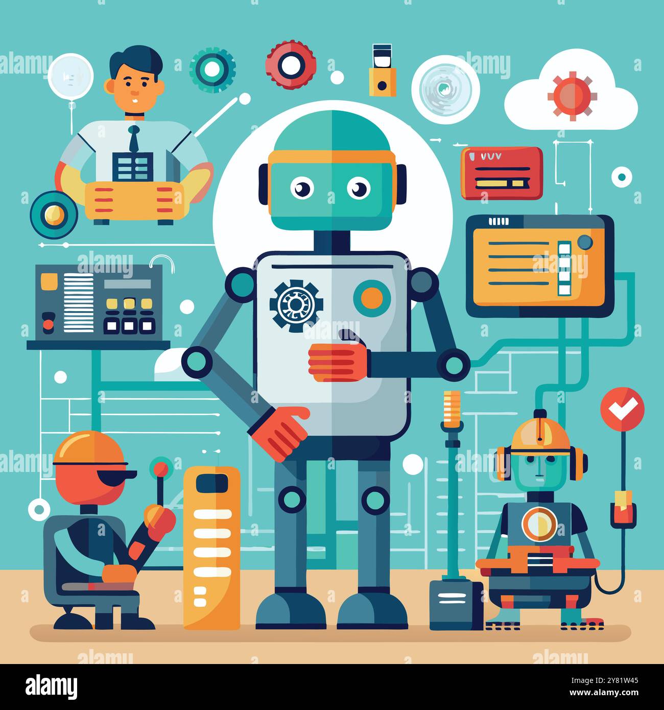 A friendly robot stands amongst a team of workers in a colorful illustration that depicts ...