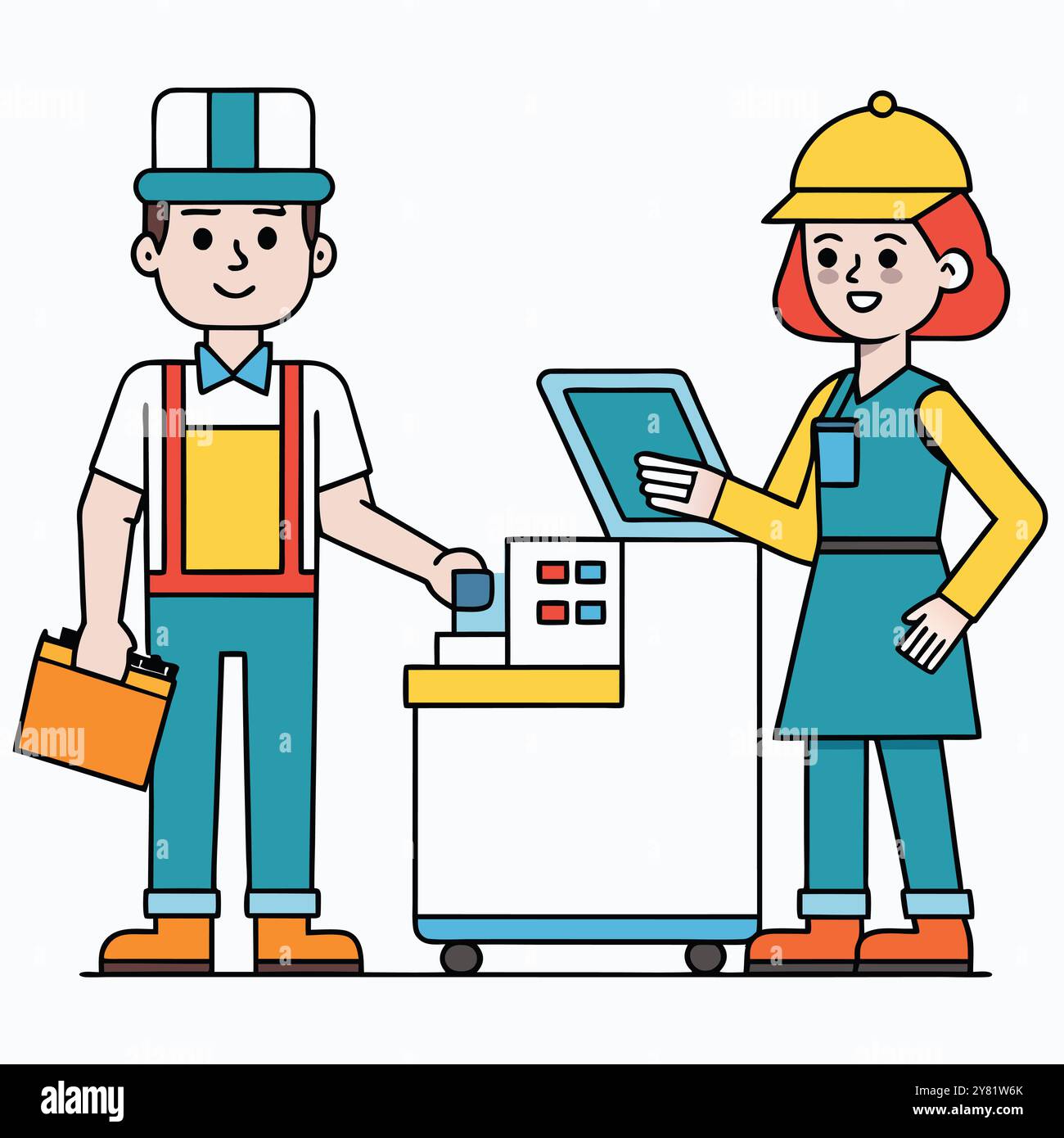 A friendly cartoon mechanic. wearing a blue and white cap and overalls ...