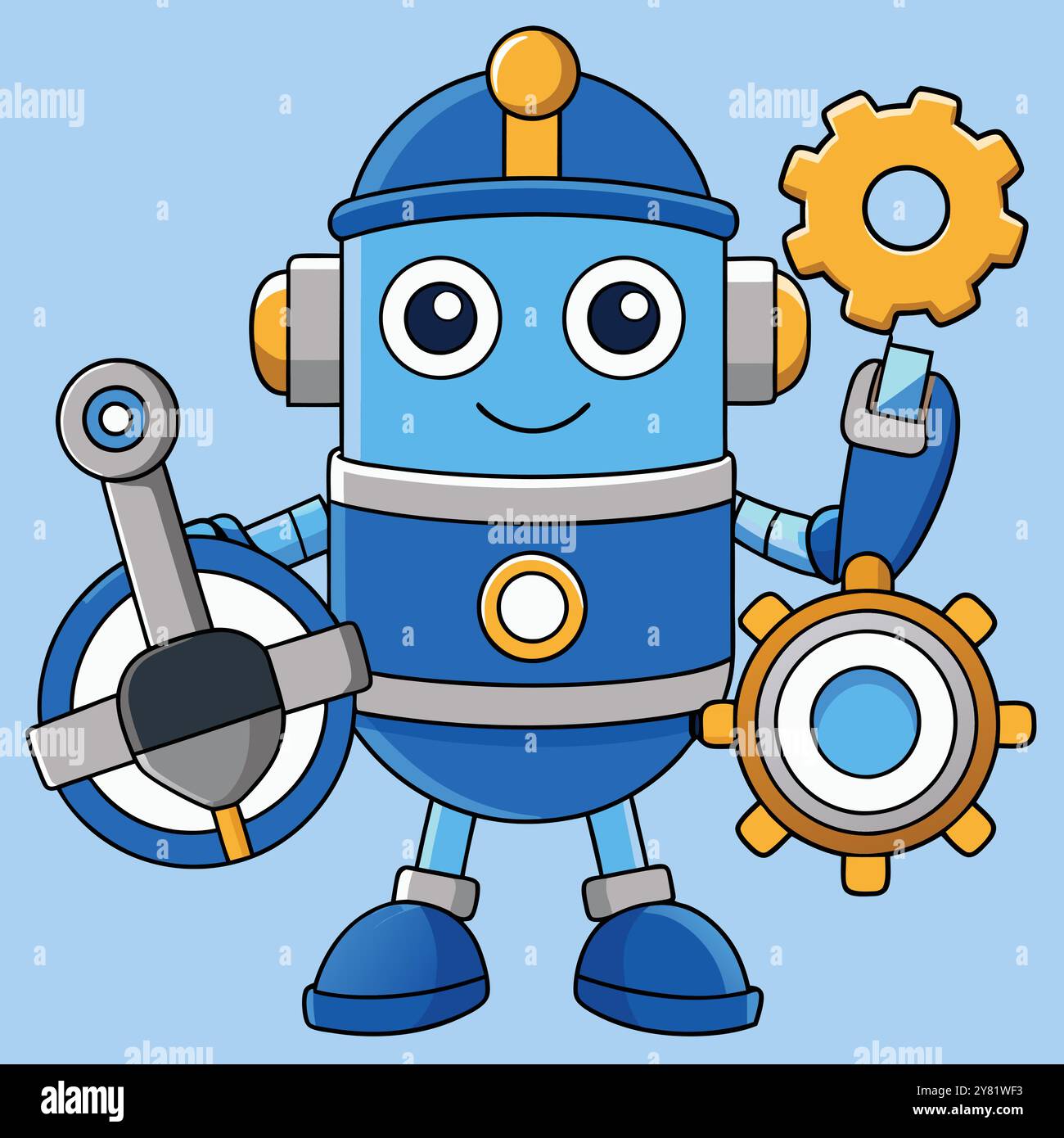 Cute blue robot with a friendly face. holding a gear and a round object ...