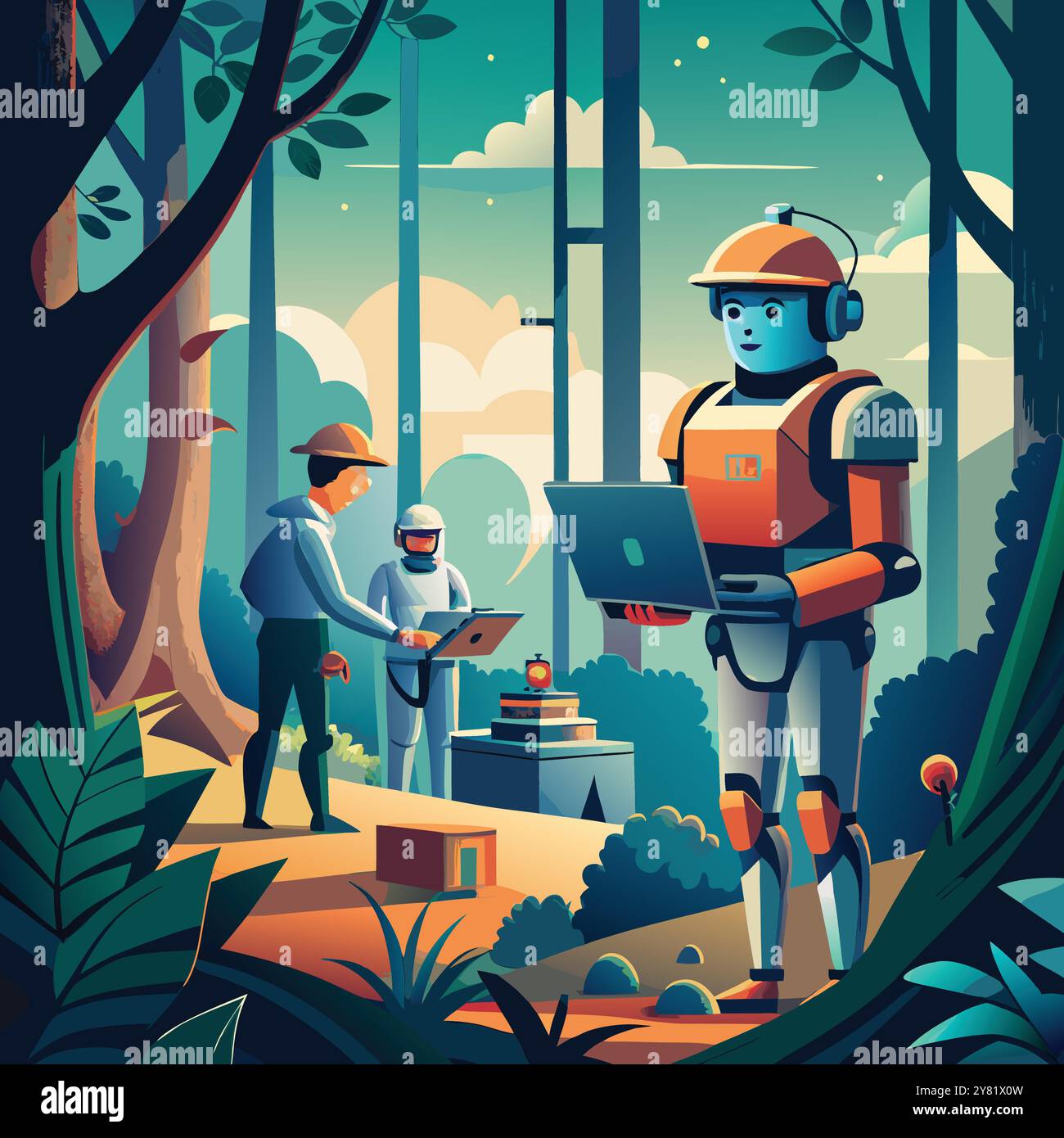 AI robot explores a lush forest with human companions. showcasing the ...