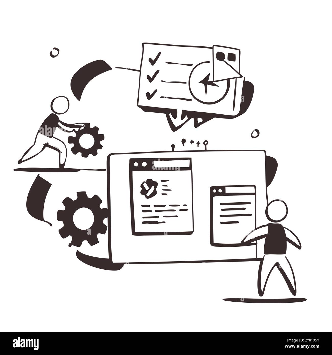 Hand drawn illustration of two stick figures working together on a ...