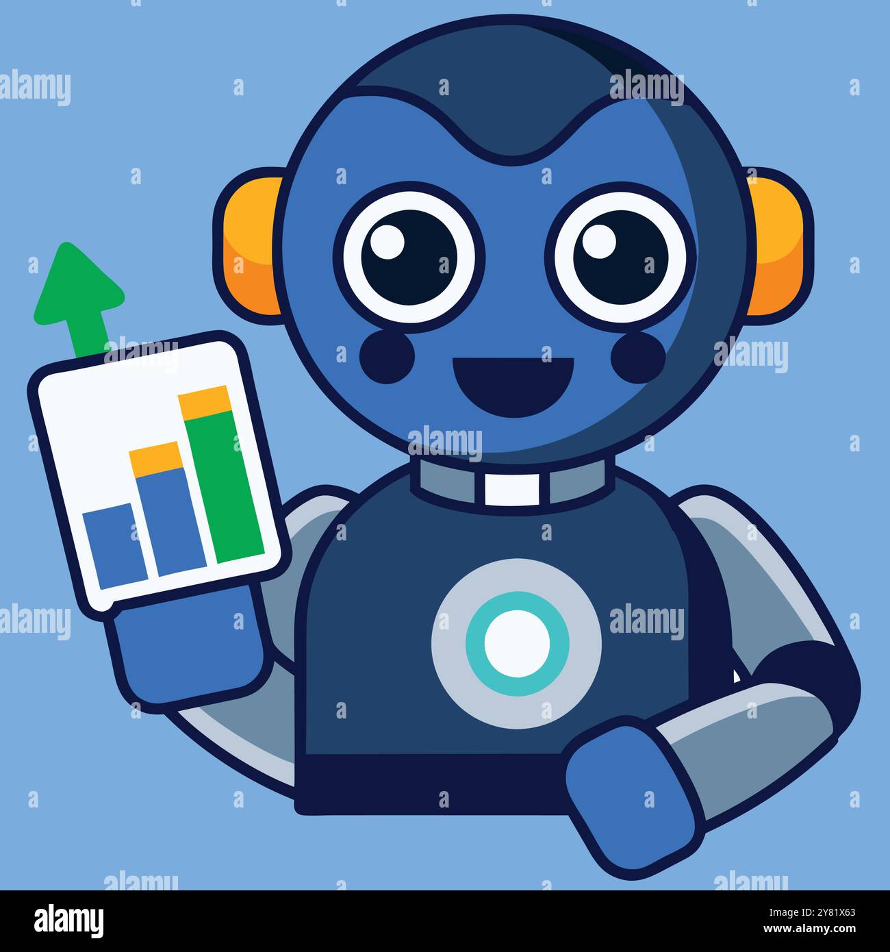 A friendly AI robot with big eyes and a cheerful smile holds a graph ...