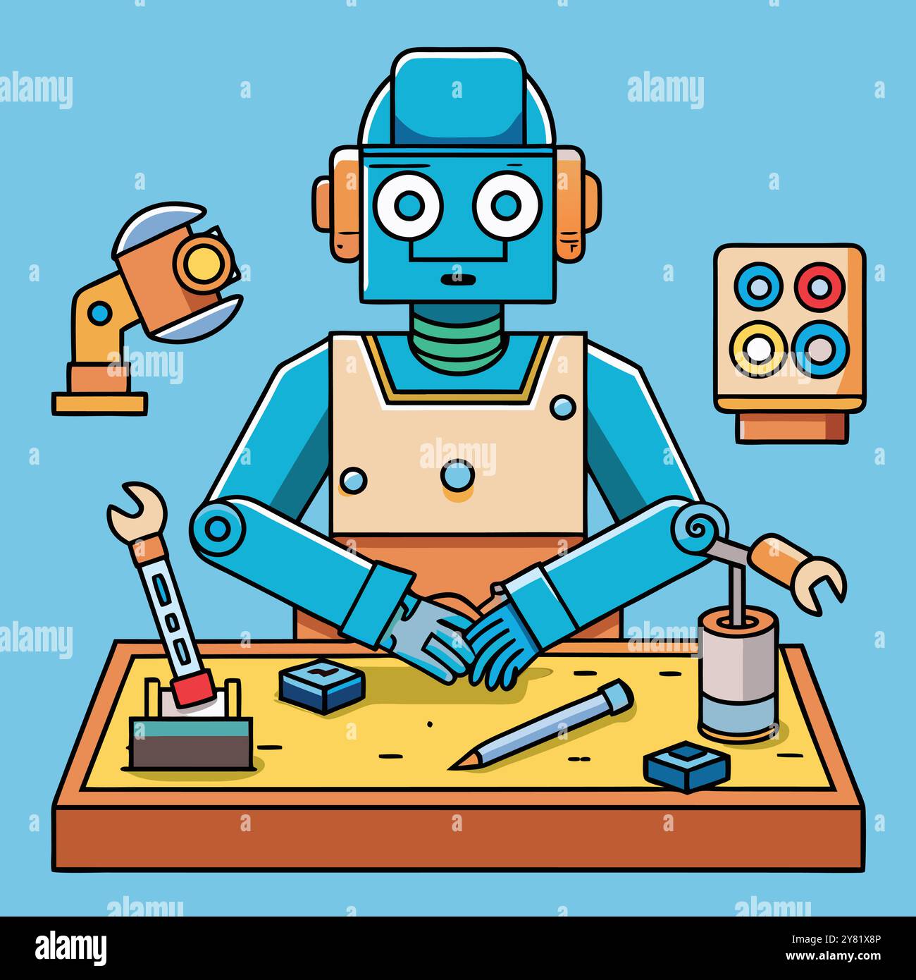 A friendly robot with a tool belt works on a workbench surrounded by ...
