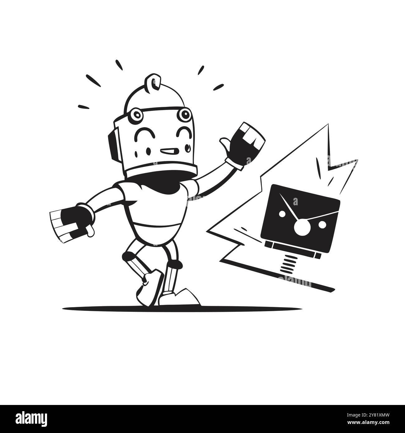 Cute robot cartoon character gives a thumbs up while standing near a ...