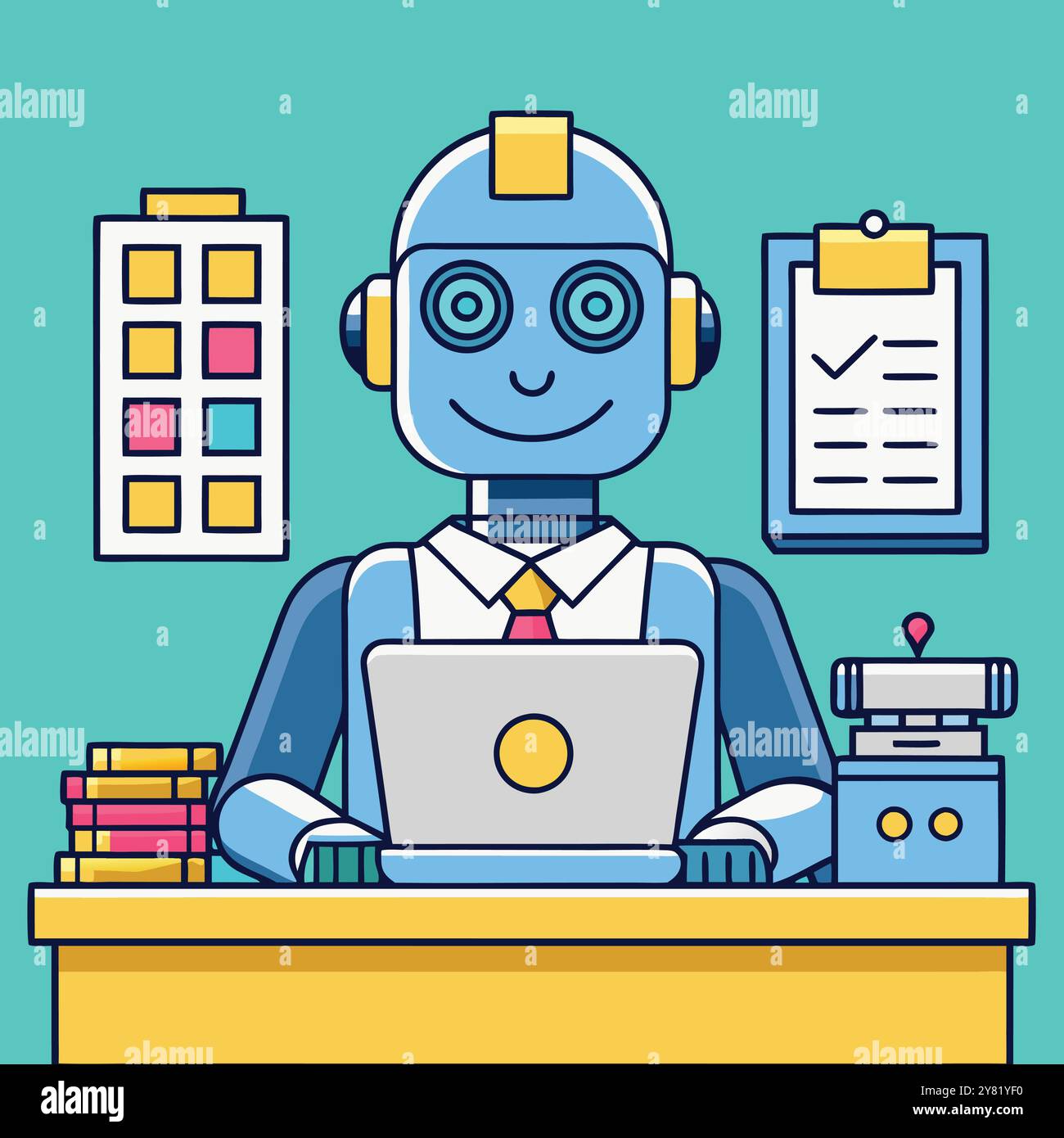 A friendly AI robot sits at a desk working on a laptop. It is dressed ...