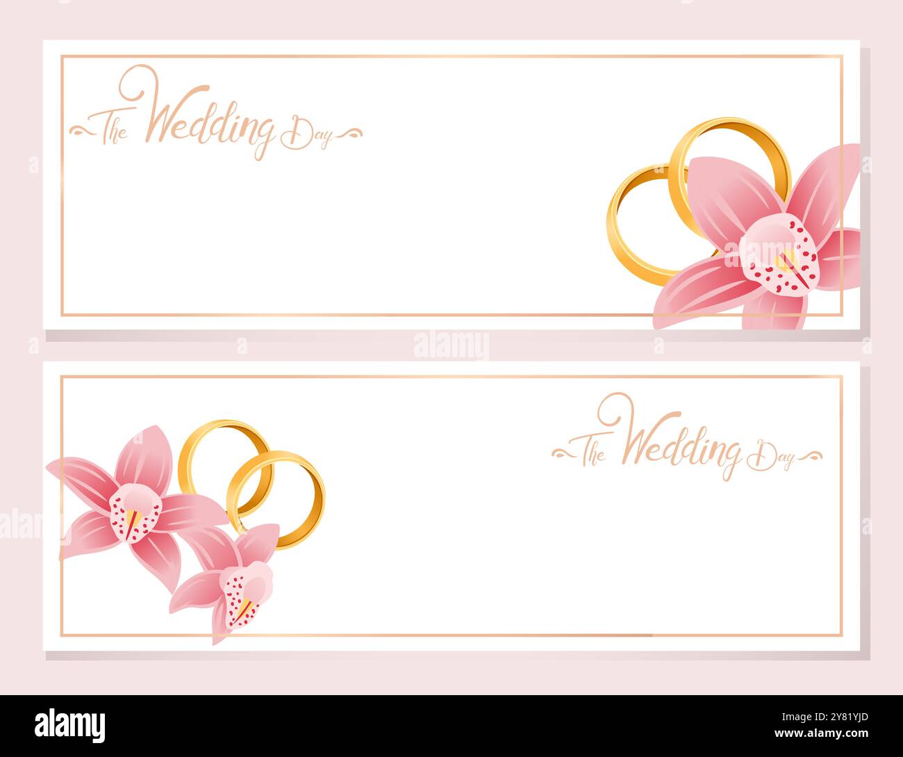 Wedding invitation card design with golden rings, flowers and ribbons ...