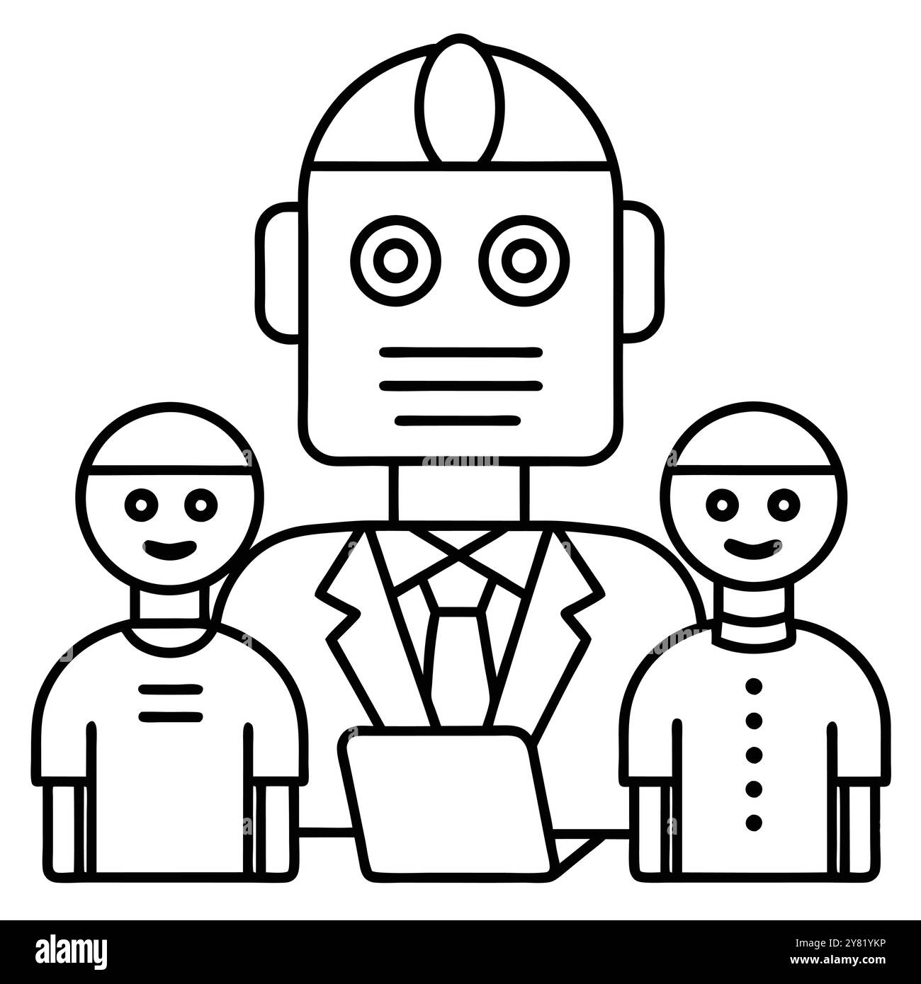 A line art illustration of a robot manager leading two human employees ...