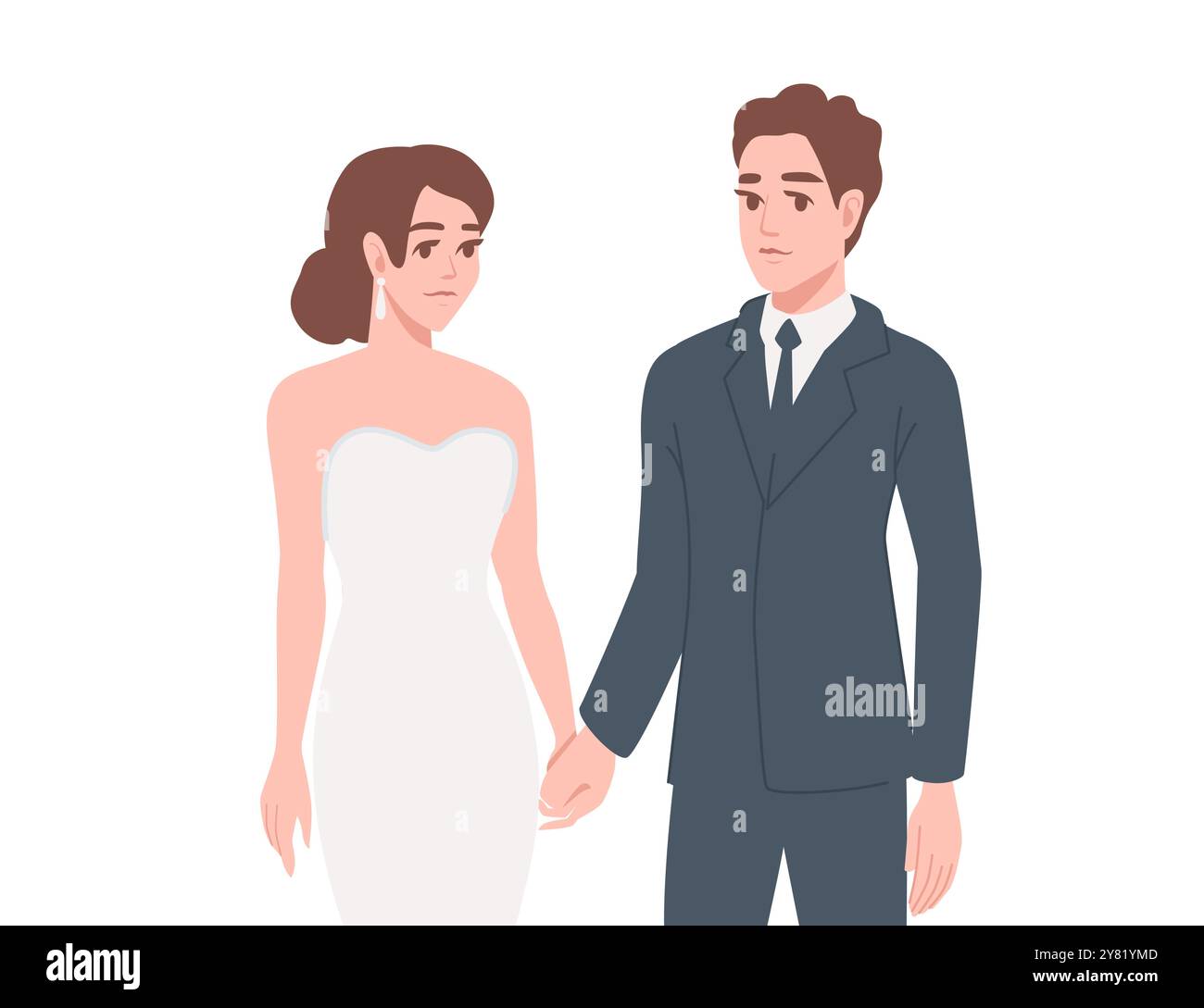 Wedding couple. Bride in white dress and Groom in blue suit holding ...