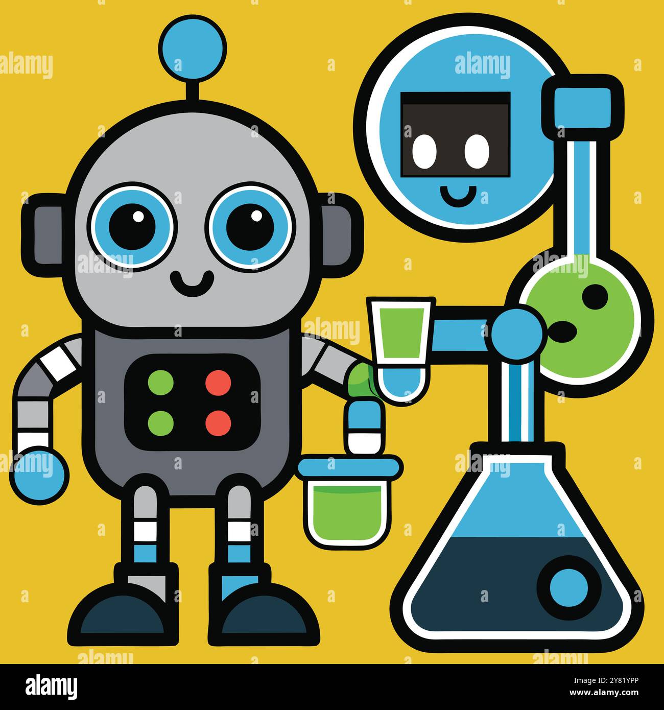 Cute cartoon robot pouring liquid from a flask into a beaker. Perfect ...