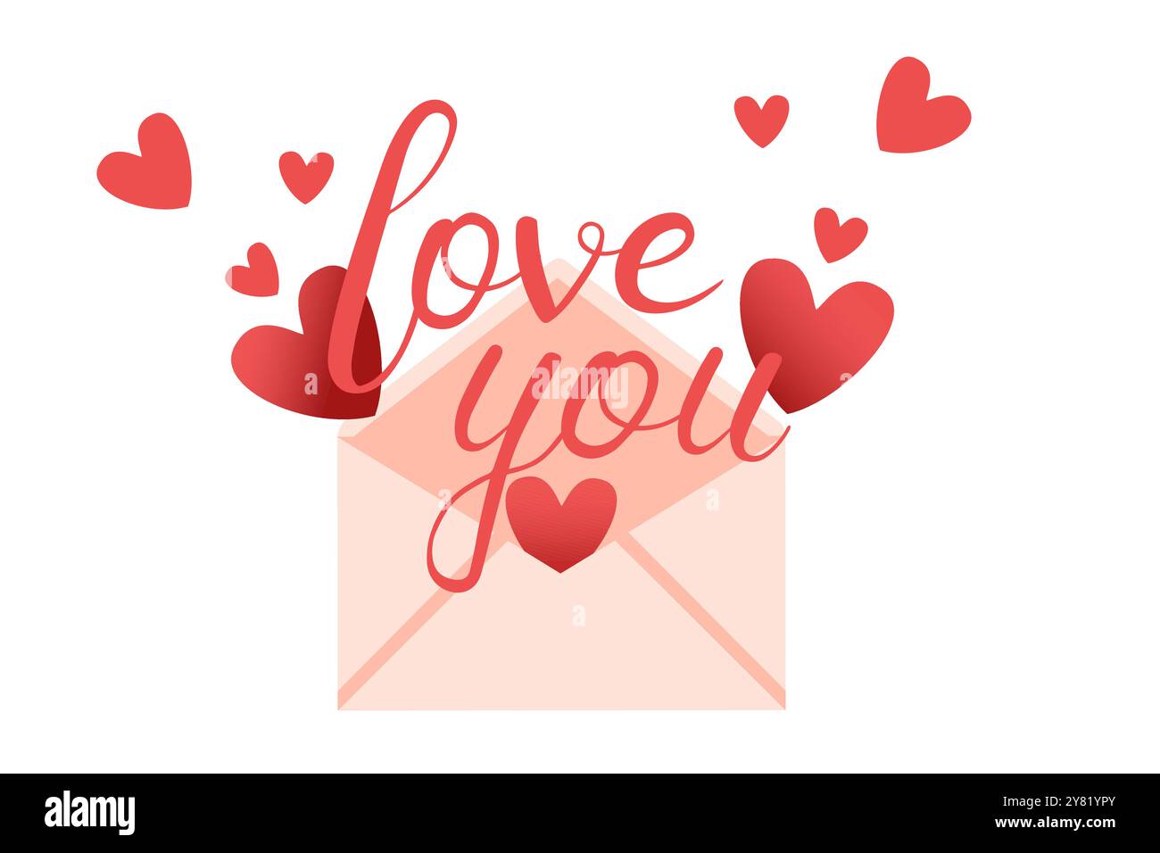 Horizontal banner with Love you lettering. Postal envelope with a heart ...