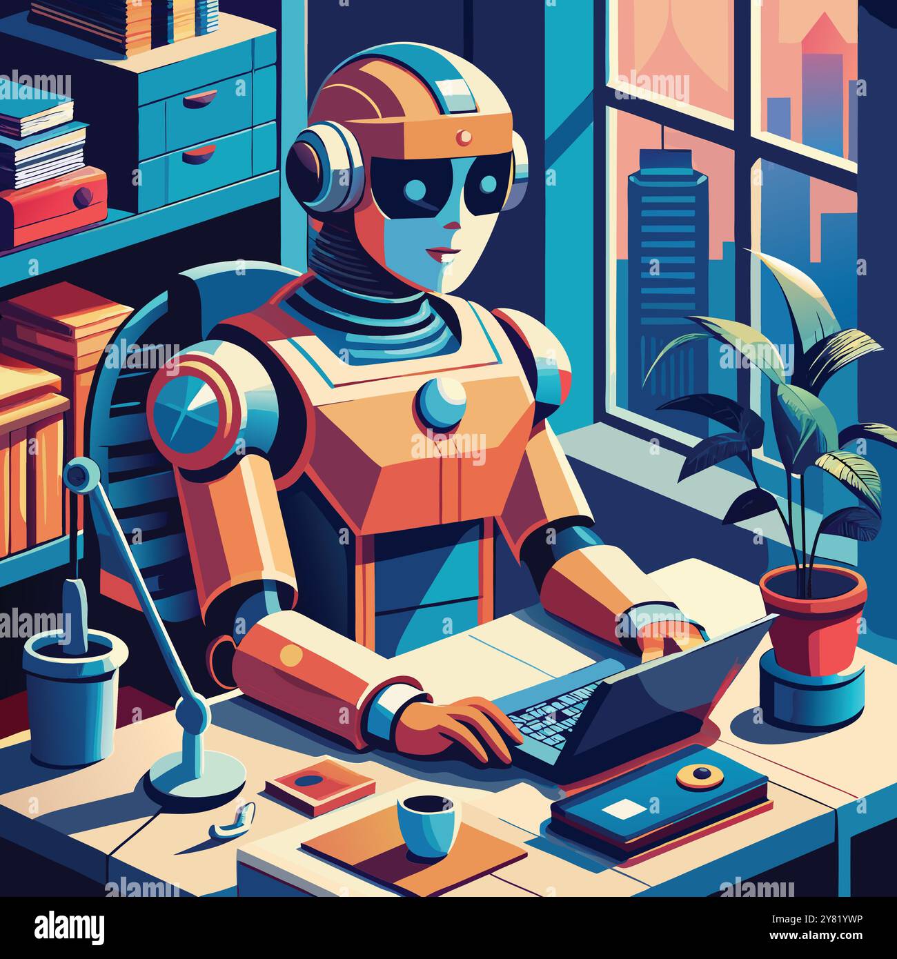 A friendly robot sits at a desk. working on a laptop. The scene is ...