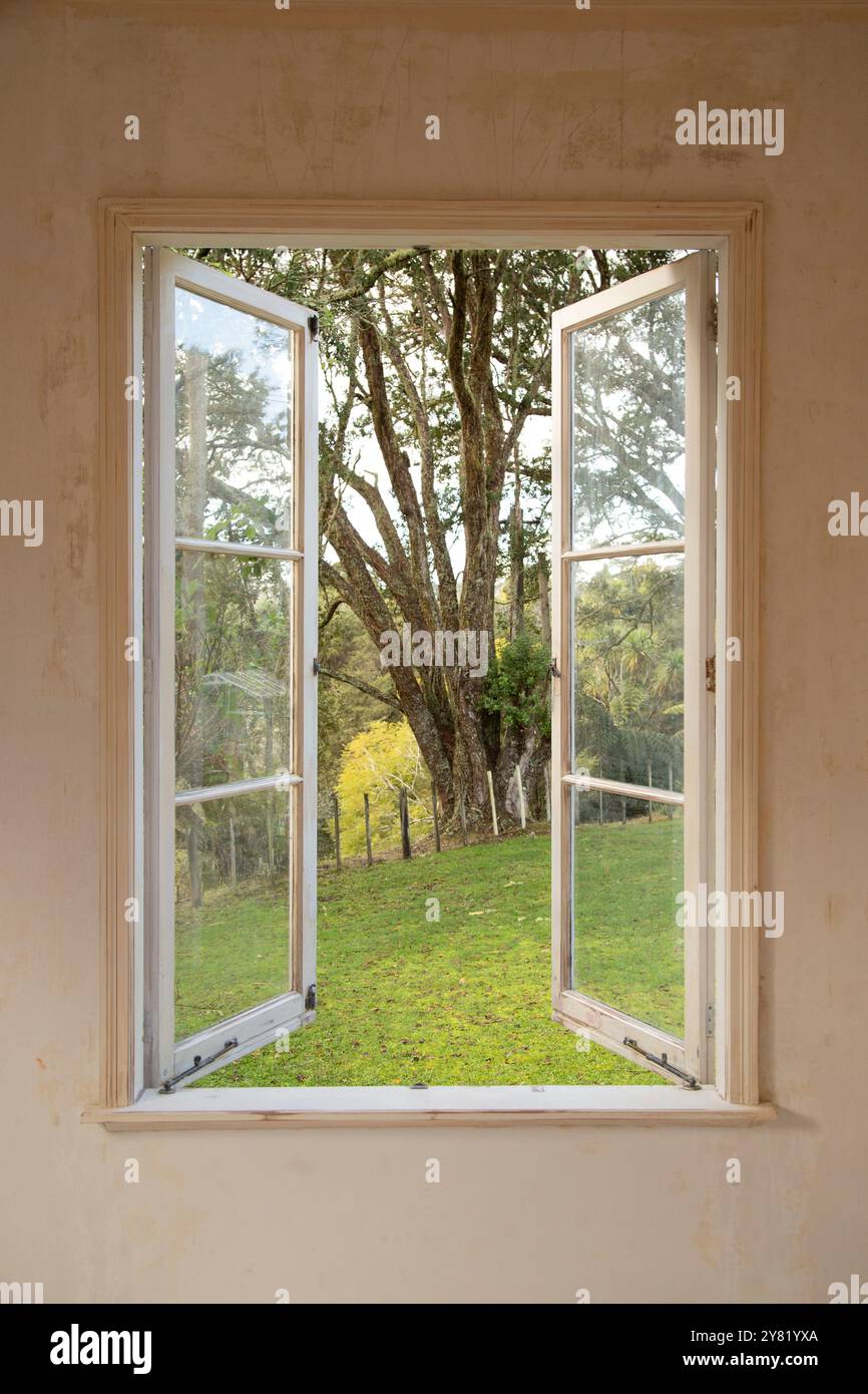 Open window with a view of a lush green tree and lawn outside a rural ...