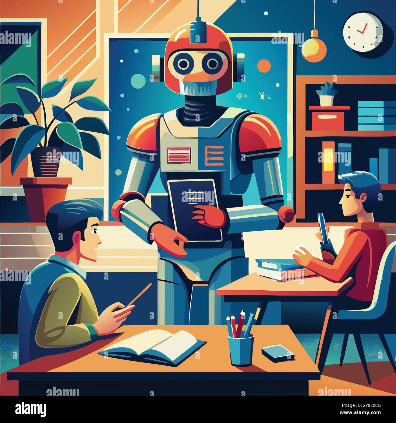 A friendly robot teacher interacts with two students in a classroom setting. highlighting the ...