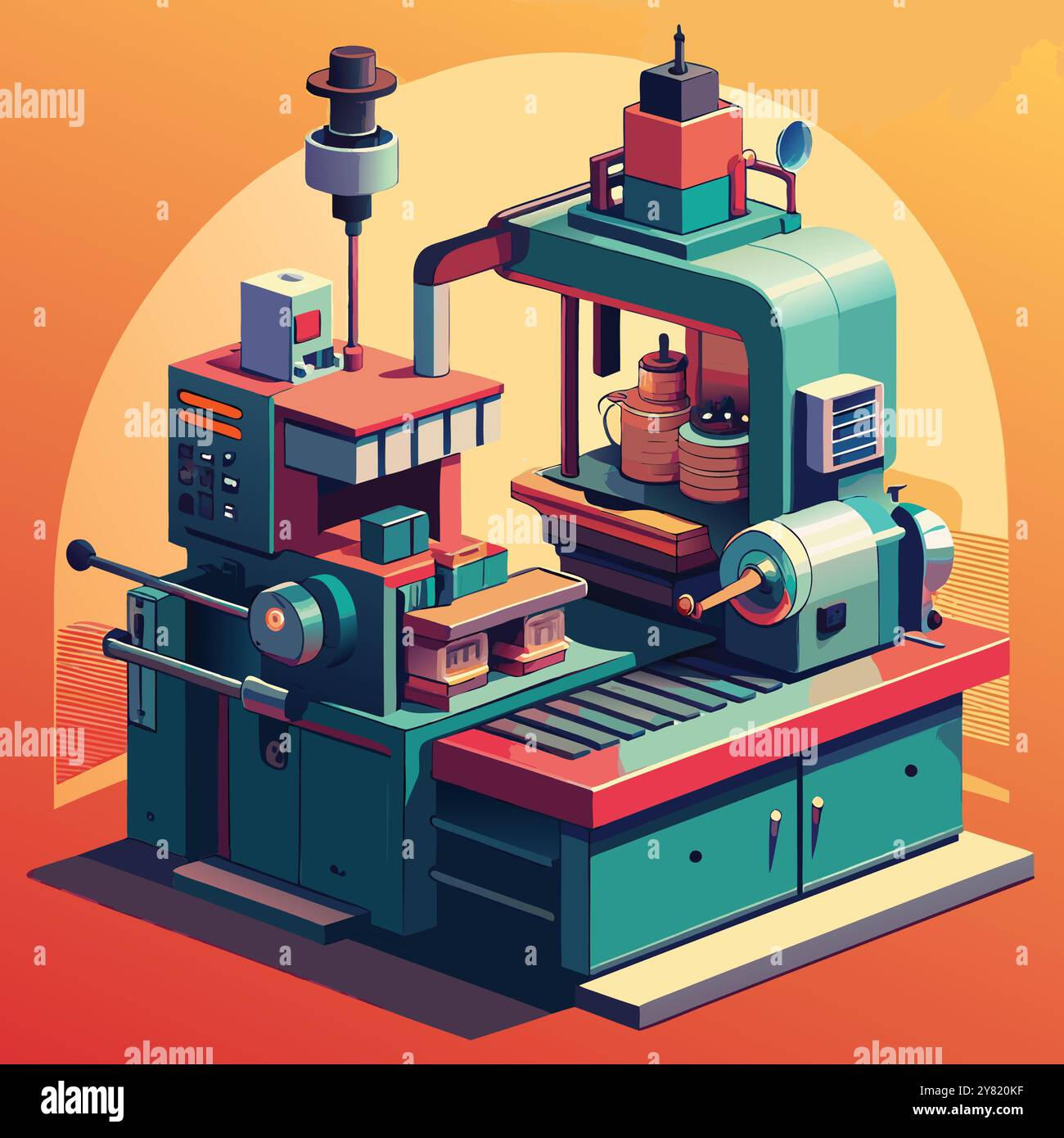 A colorful. isometric illustration of an industrial machine with a ...