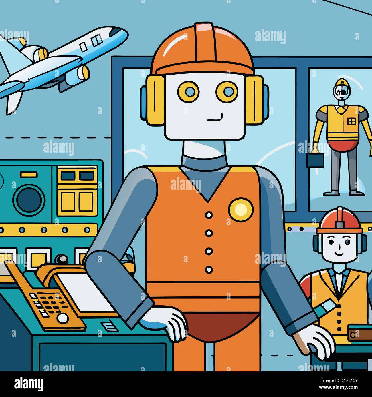 A friendly AI robot wearing a hardhat and a safety vest operates a ...