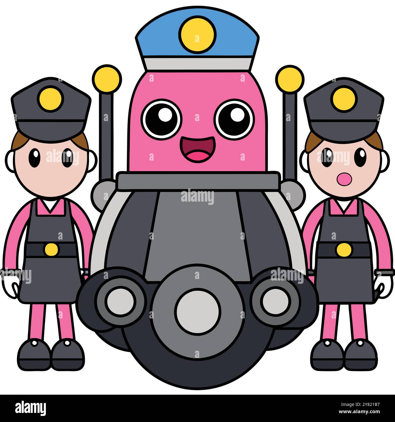 A cheerful pink robot with a friendly face and a blue cap stands ...