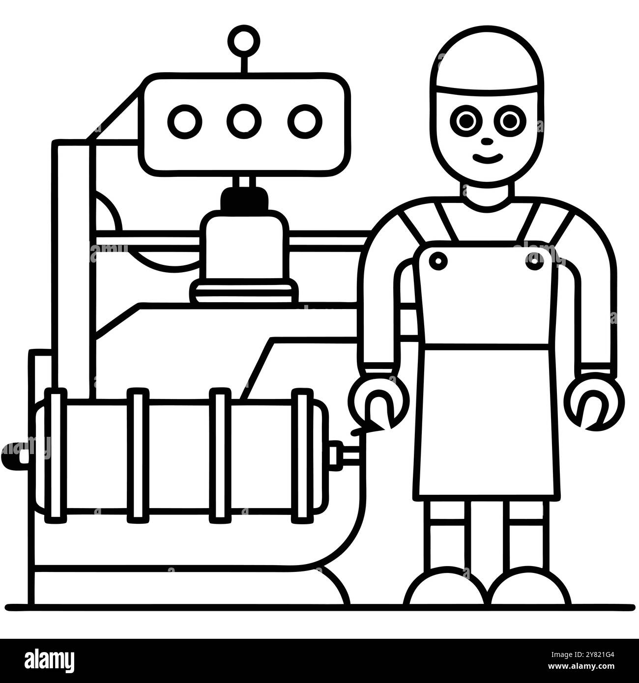 A simple line drawing of a robot worker standing next to an industrial ...