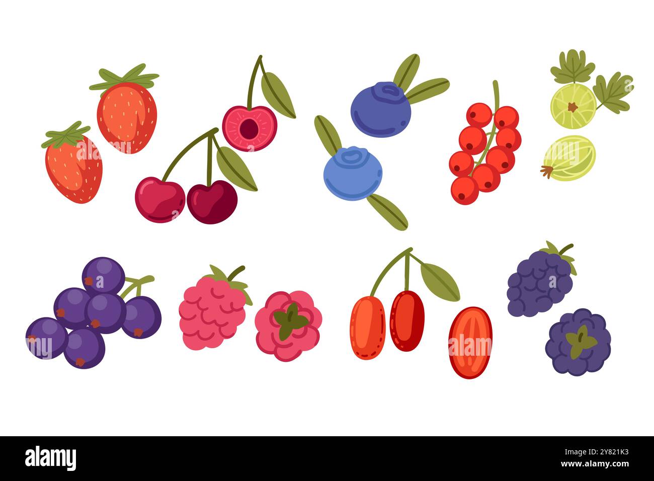 Set of assortment of berries including strawberries, blueberries, and ...