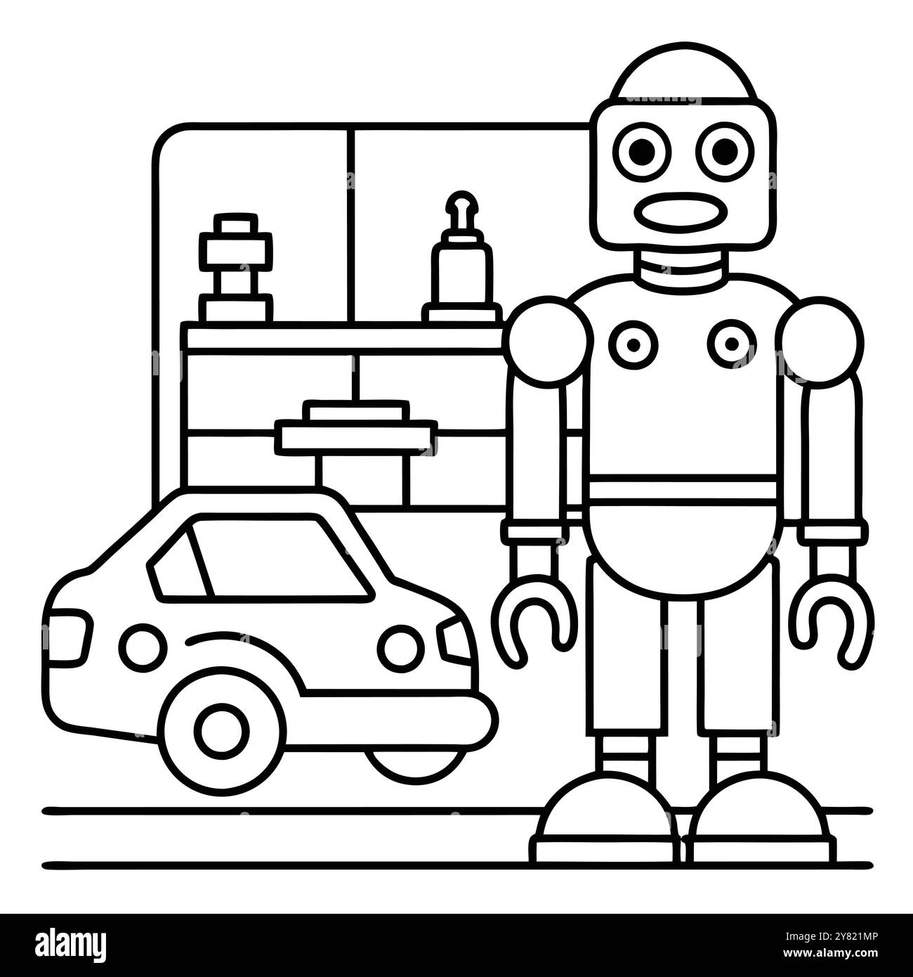 A friendly robot with a car stands in a simple outline style. Perfect ...